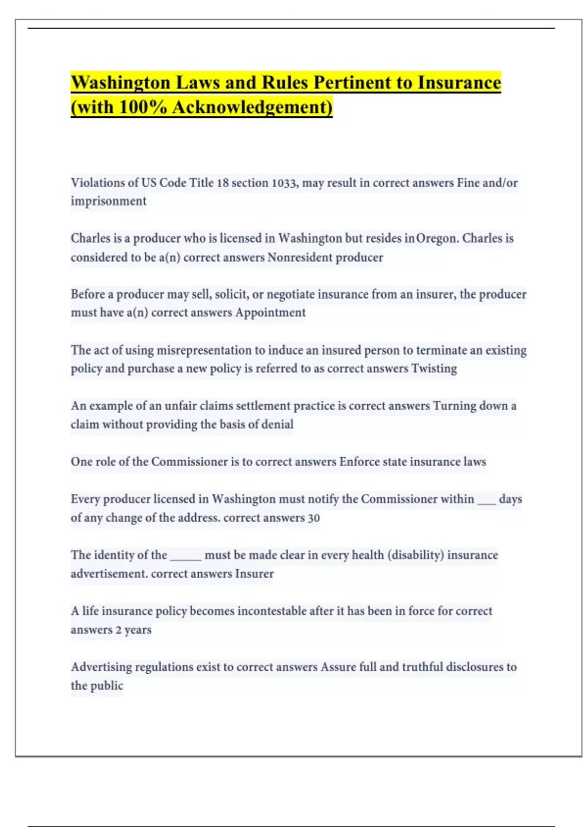 Washington Laws and Rules Pertinent to Insurance (with 100% ...