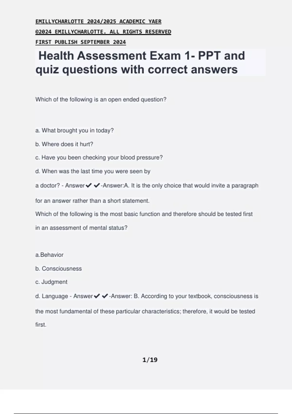 Health Assessment Exam 1- PPT and quiz questions with correct answers ...