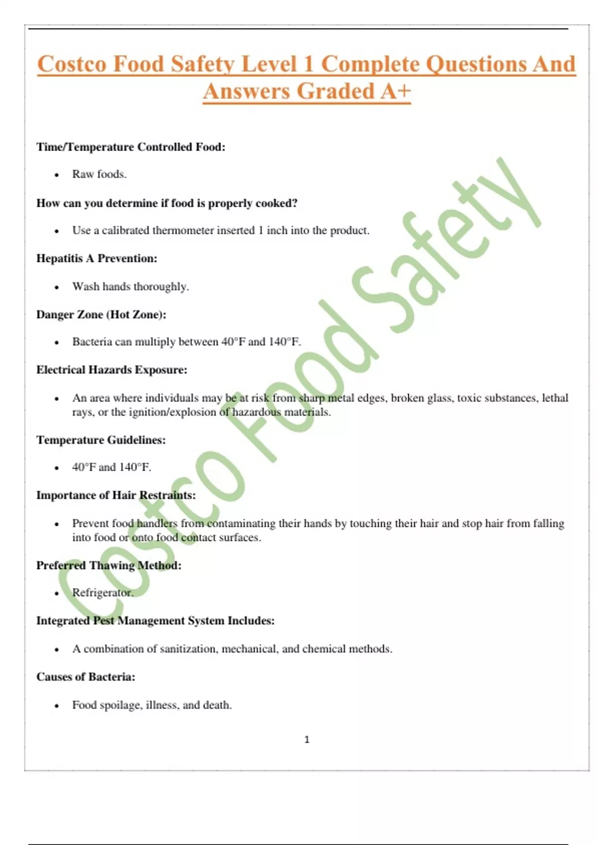 Costco Food Safety Level 1 Complete Questions And Answers Graded A+ ...