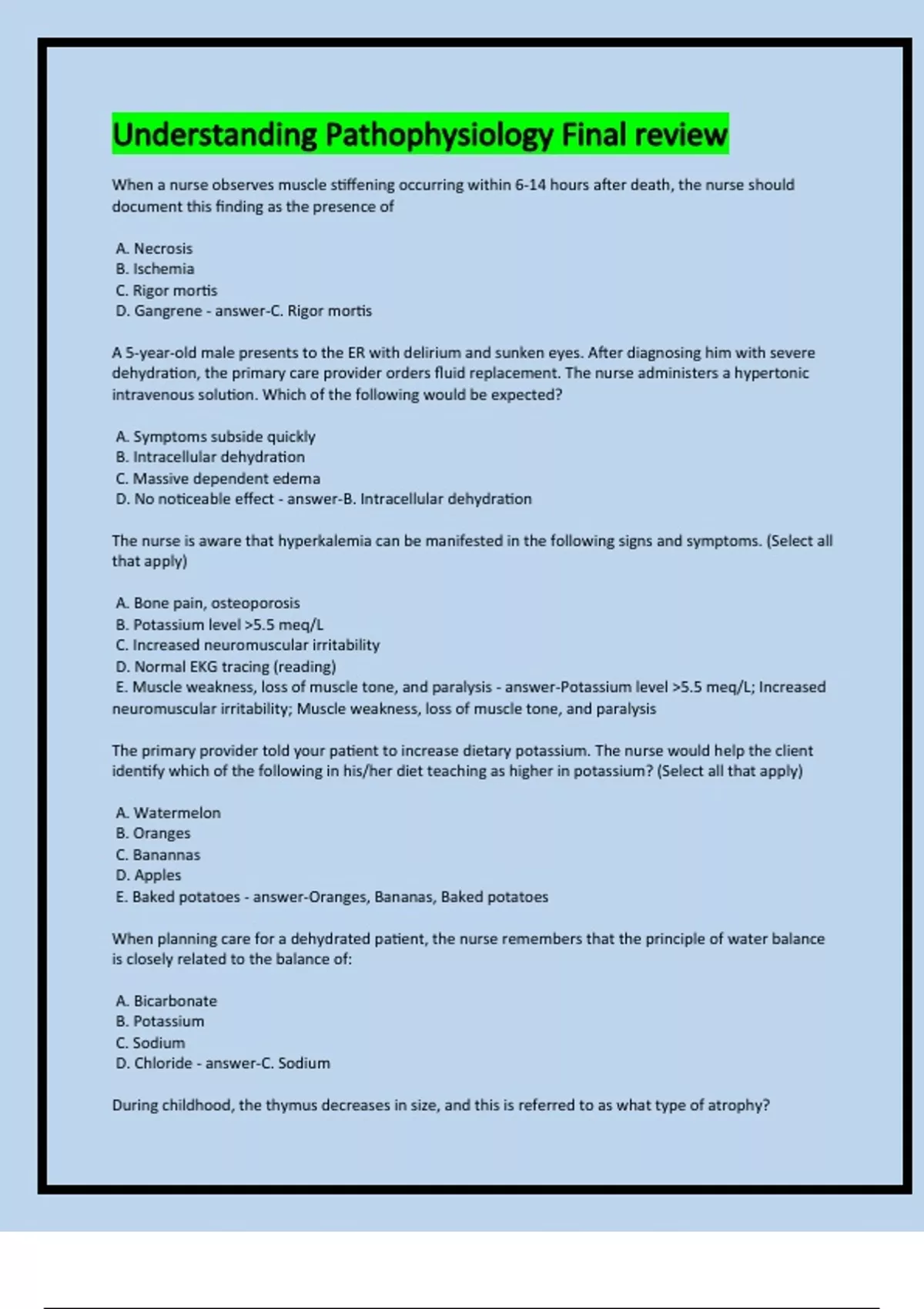 Understanding Pathophysiology Final review - Understanding Pathophysiology - Stuvia US