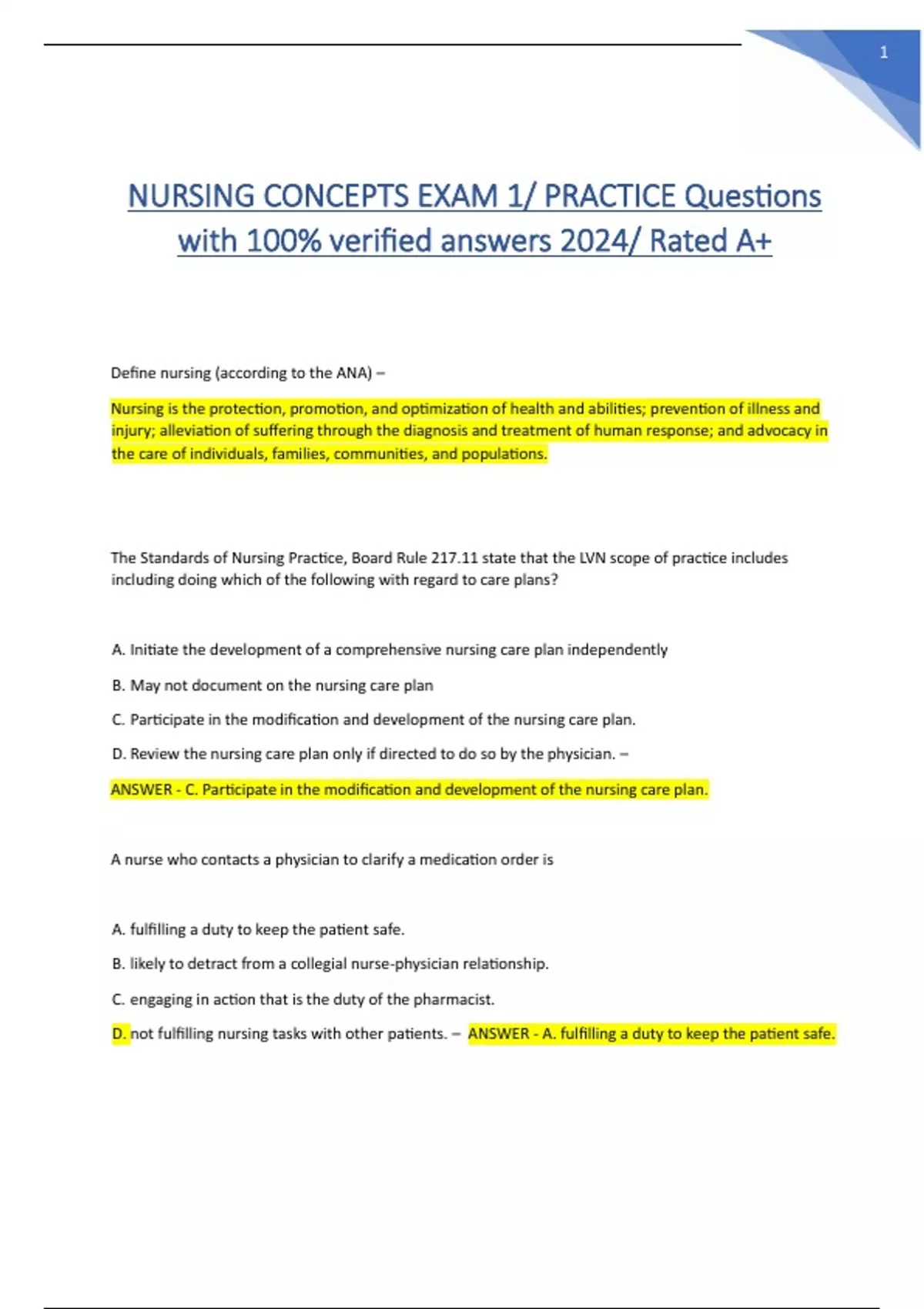 NURSING CONCEPTS EXAM 1/ PRACTICE Questions with 100% verified answers ...