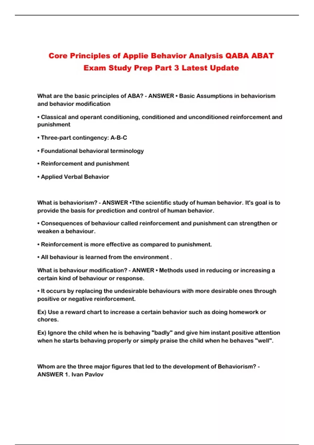Core Principles of Applie Behavior Analysis QABA ABAT Exam Study Prep ...