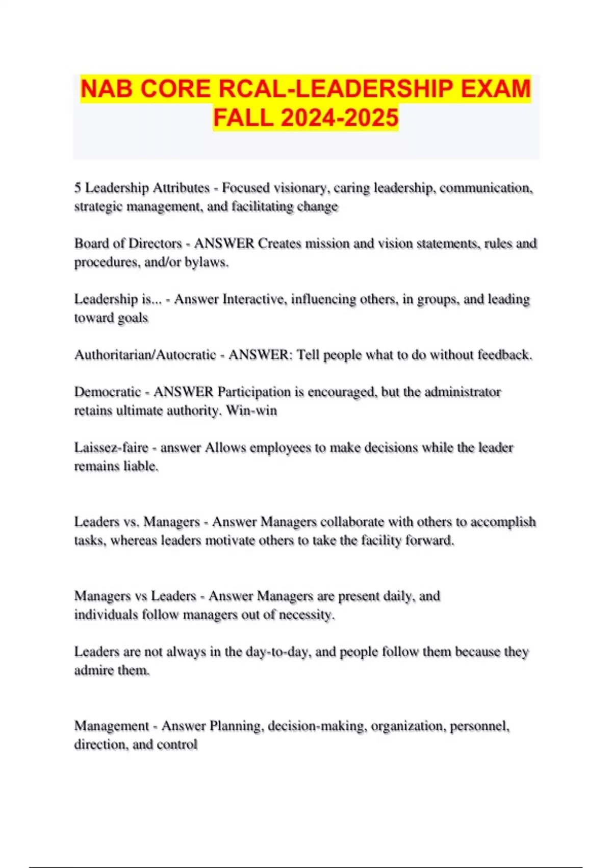 NAB CORE RCAL-LEADERSHIP EXAM FALL - NAB CORE RCAL-LEADERSHIP - Stuvia US