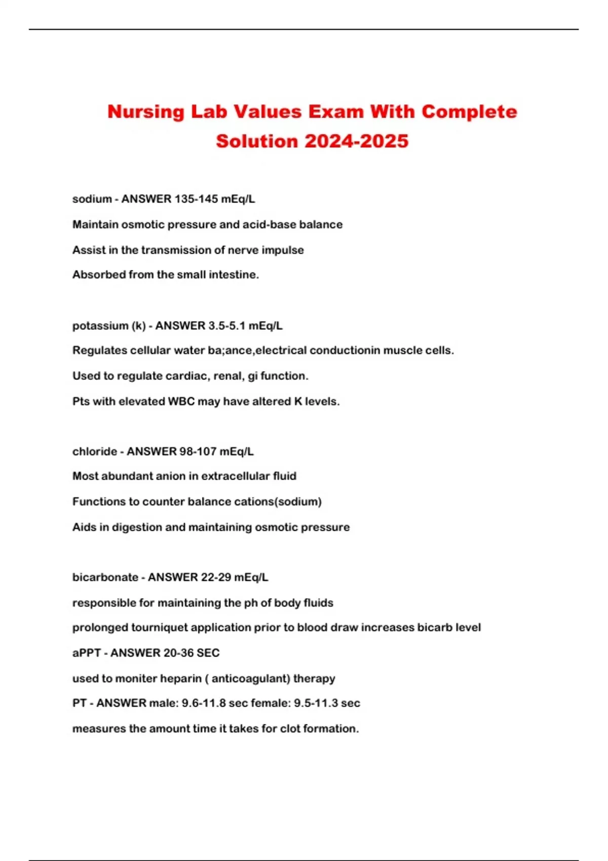 Nursing Lab Values Exam With Complete Solution - Nursing Lab Values ...