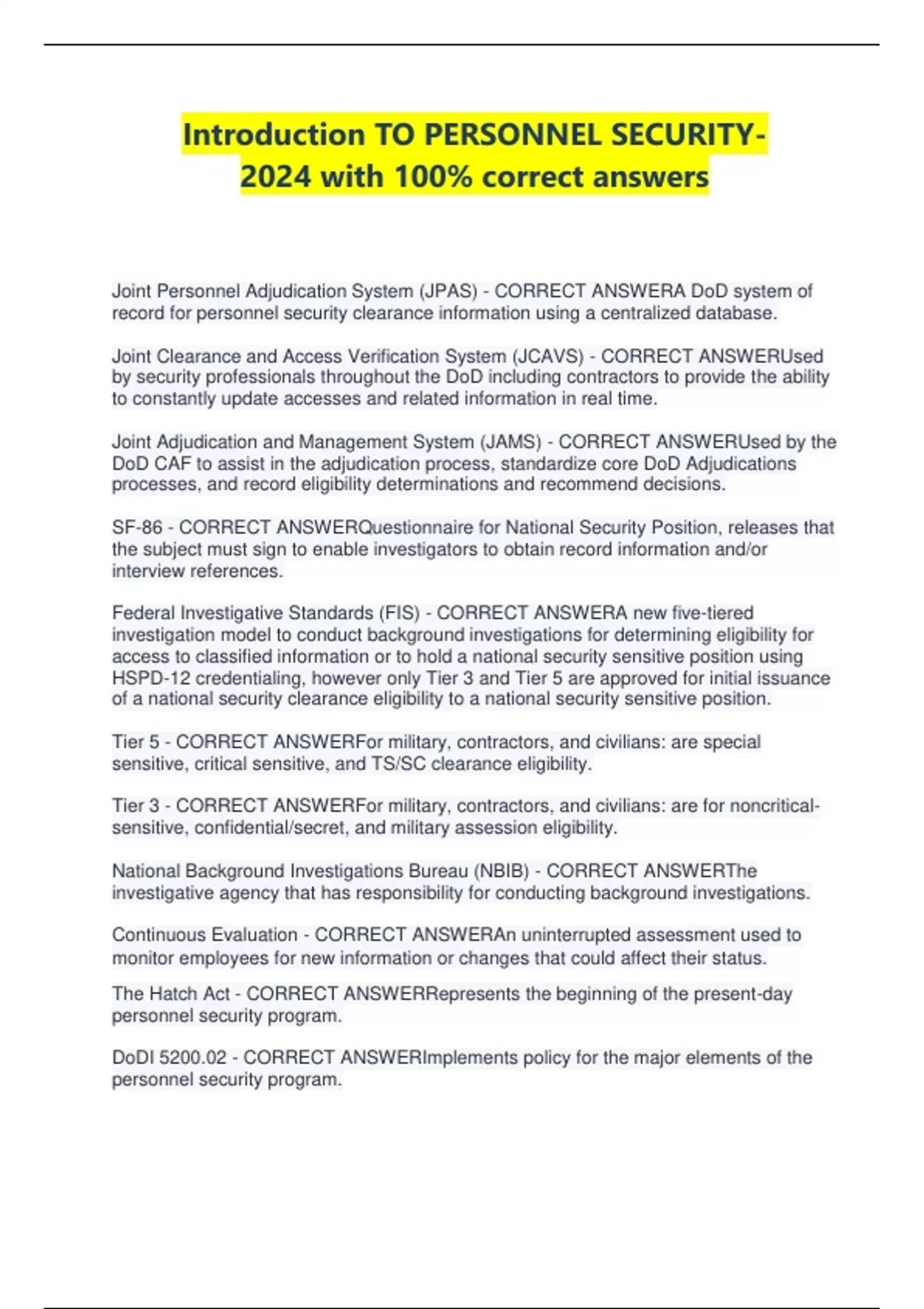 Introduction TO PERSONNEL SECURITY- 2024 with 100% correct answers ...