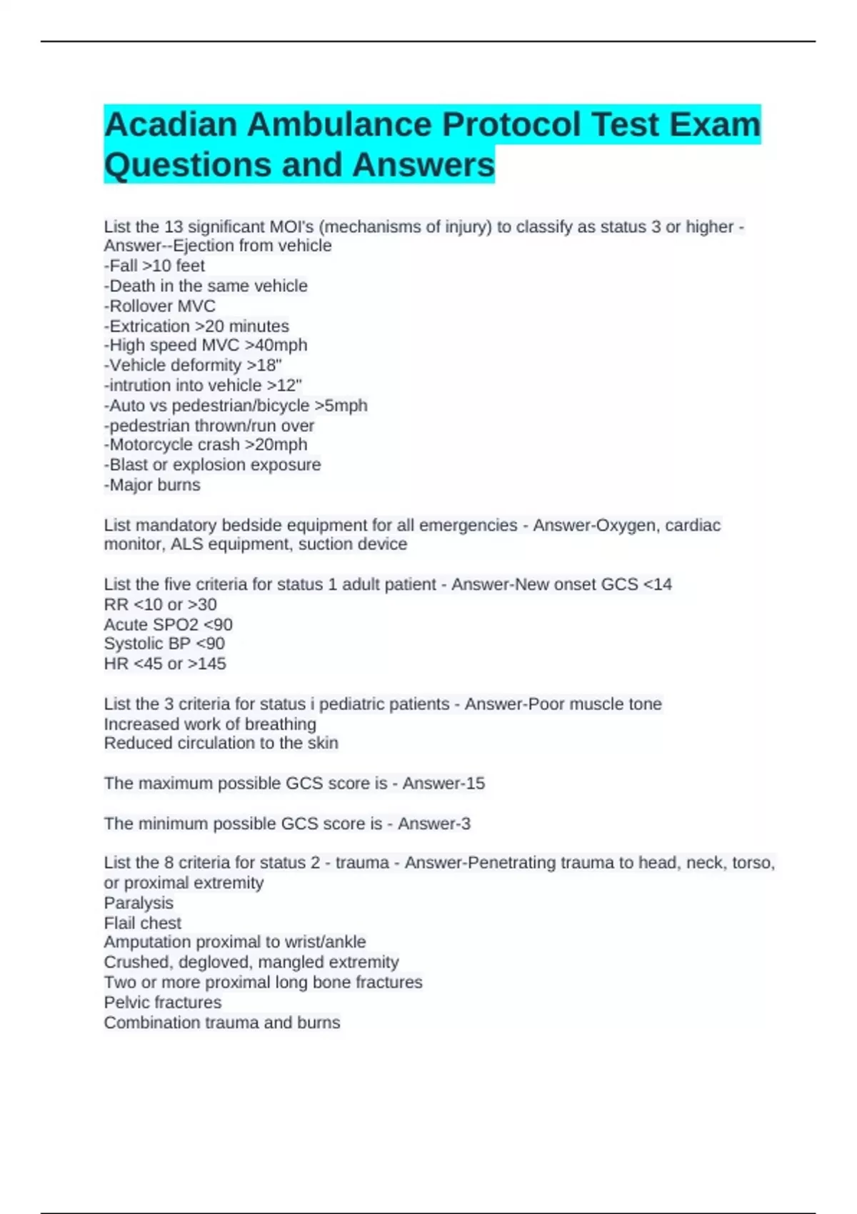 Acadian Ambulance Protocol Test Exam Questions and Answers - California ...