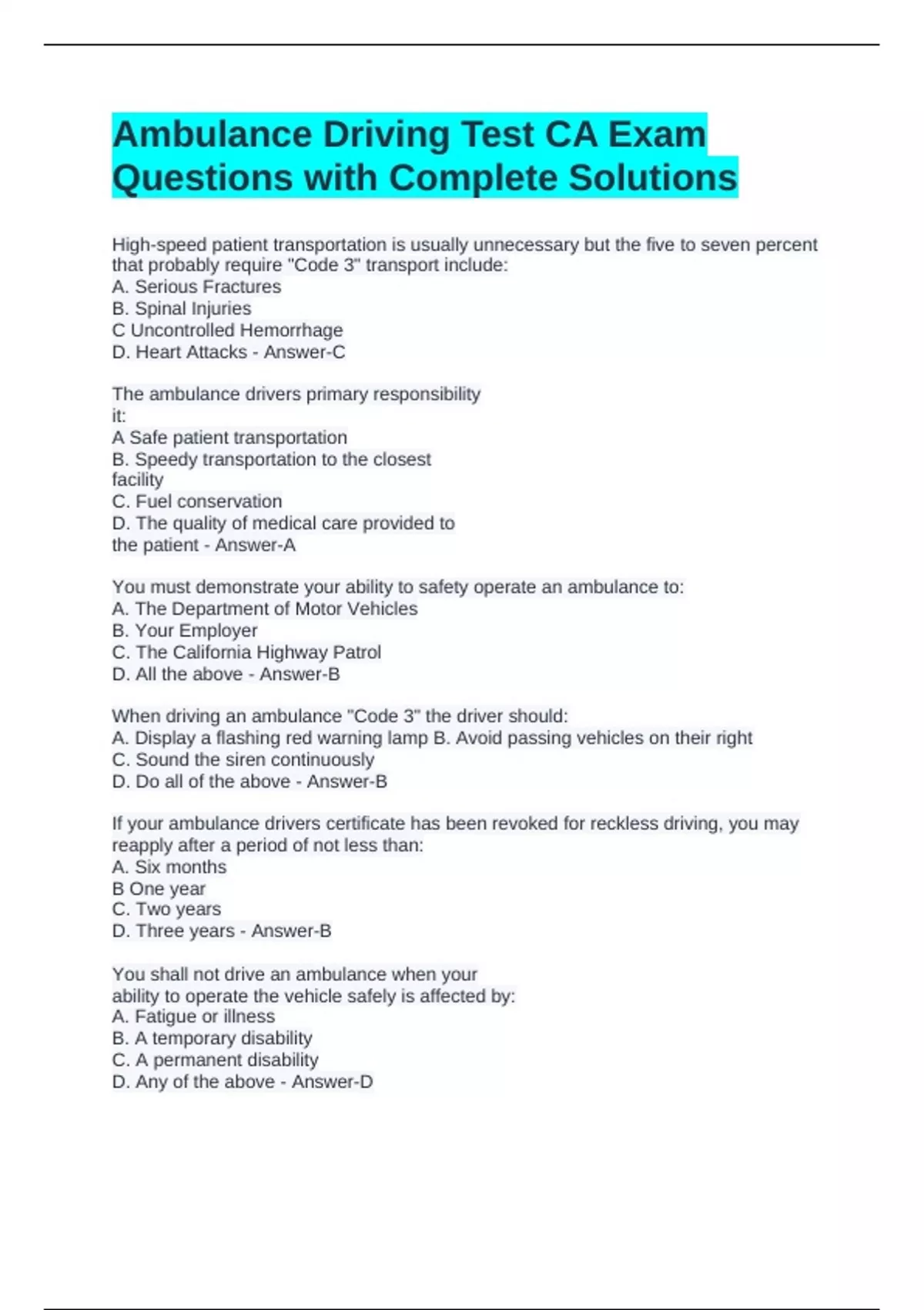 Ambulance Driving Test CA Exam Questions with Complete Solutions ...