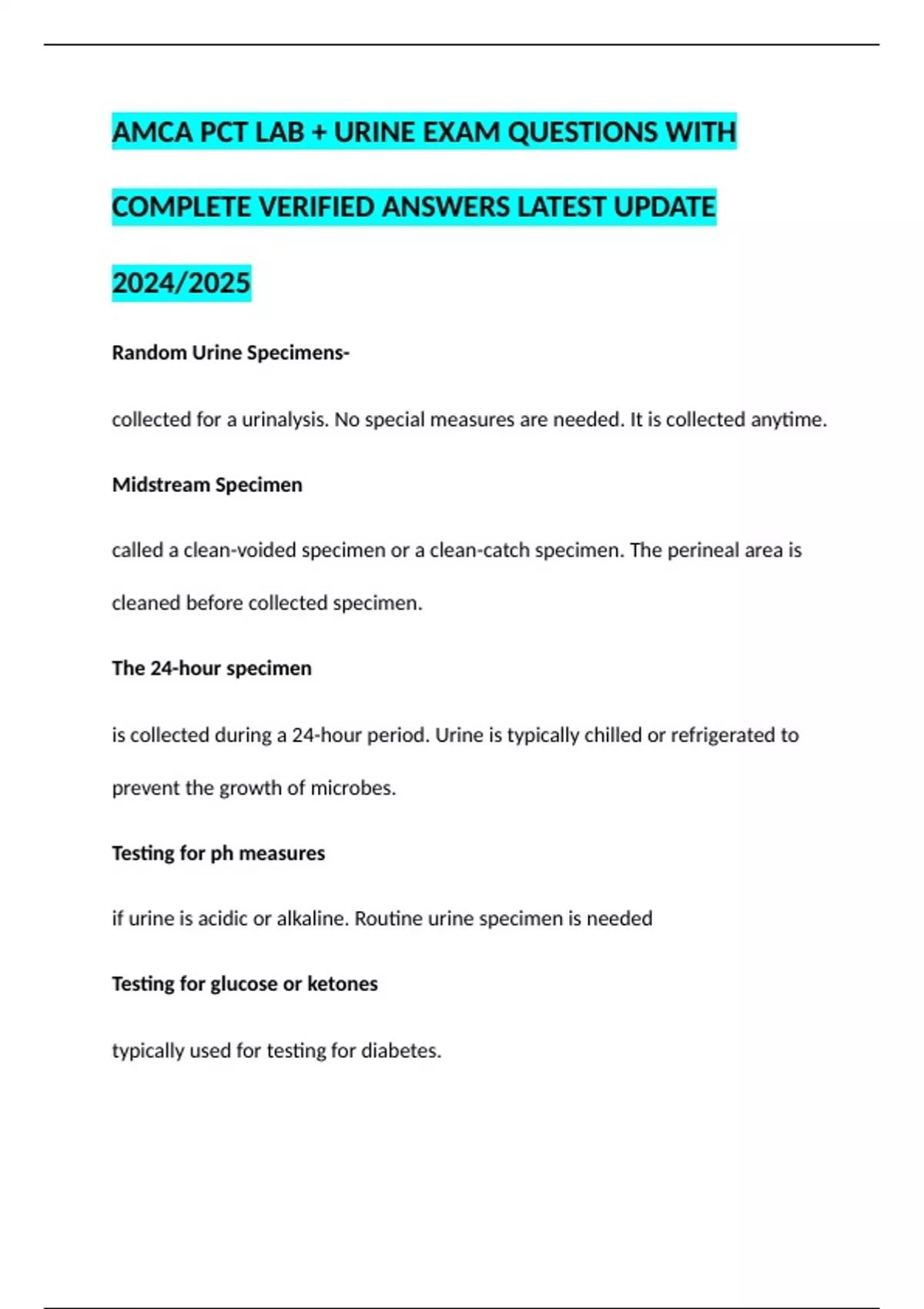 AMCA PCT LAB + URINE EXAM QUESTIONS WITH COMPLETE VERIFIED ANSWERS ...