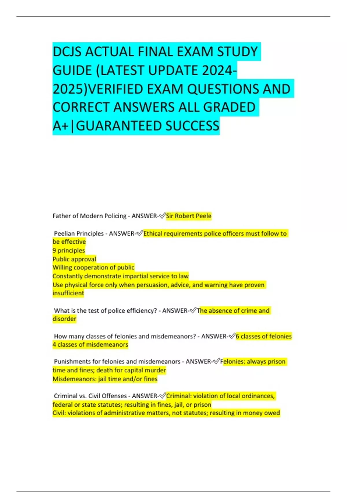DCJS ACTUAL FINAL EXAM STUDY GUIDE (LATEST UPDATE )VERIFIED EXAM ...