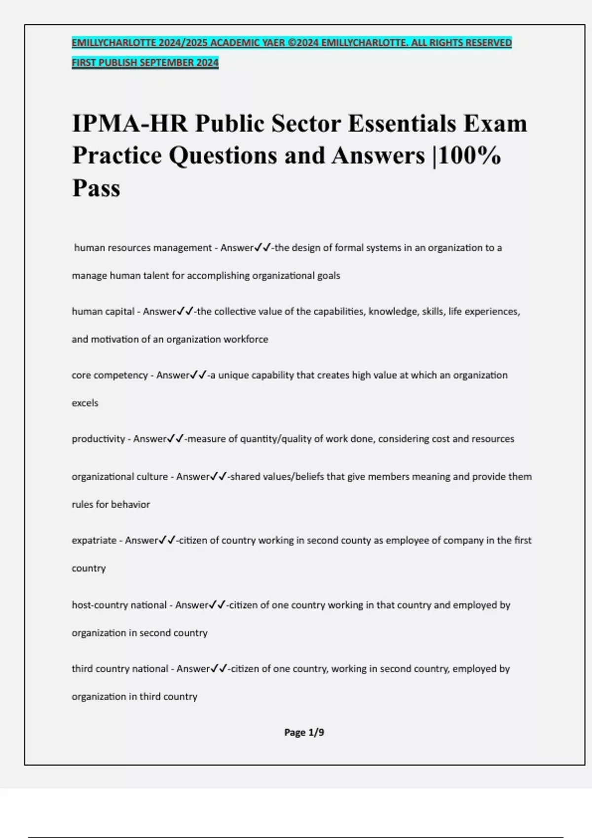 IPMA-HR Public Sector Essentials Exam Practice Questions and Answers |100% Pass - IPMA-SCP ...