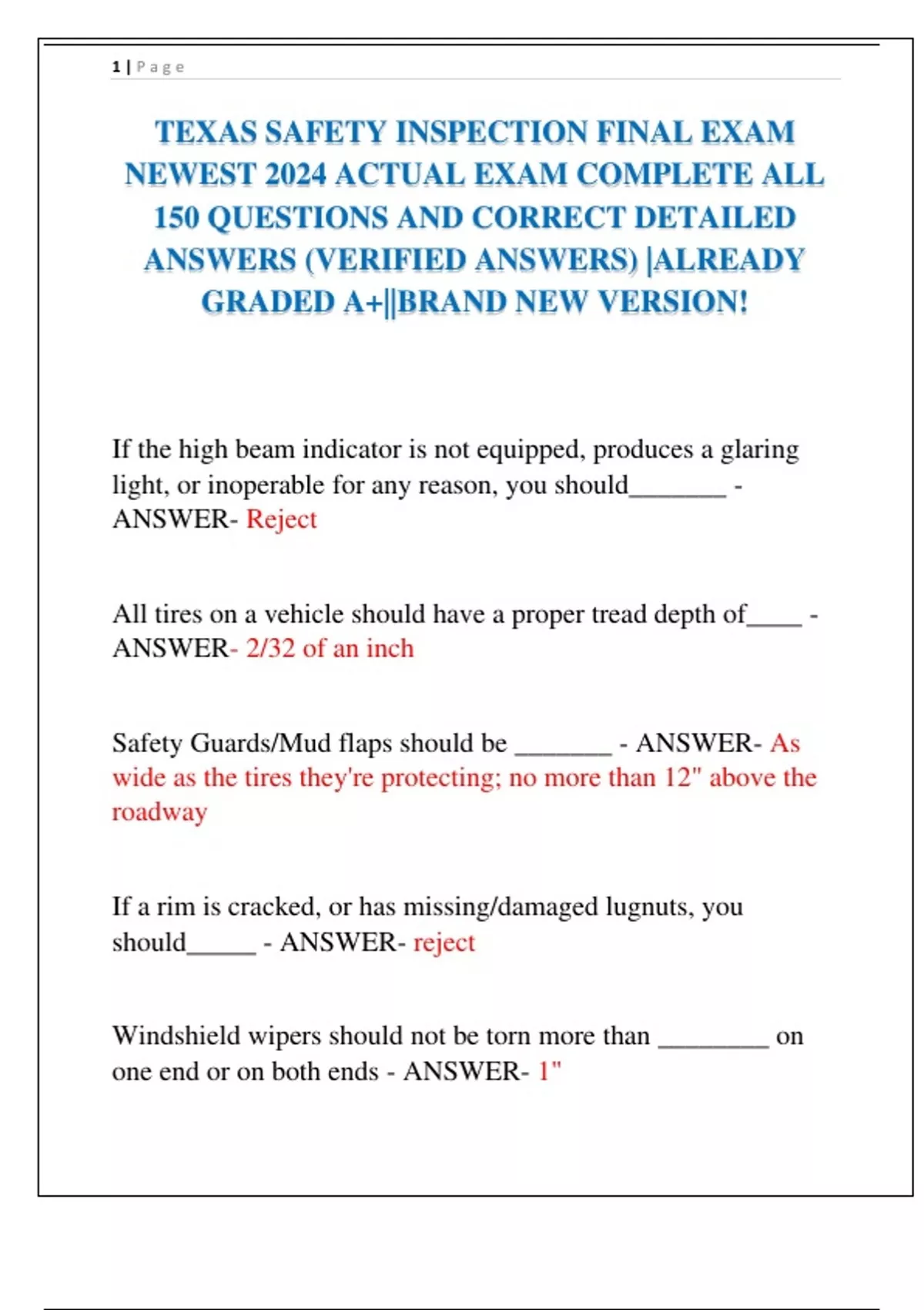 TEXAS SAFETY INSPECTION FINAL EXAM NEWEST 2024 ACTUAL EXAM COMPLETE ALL ...