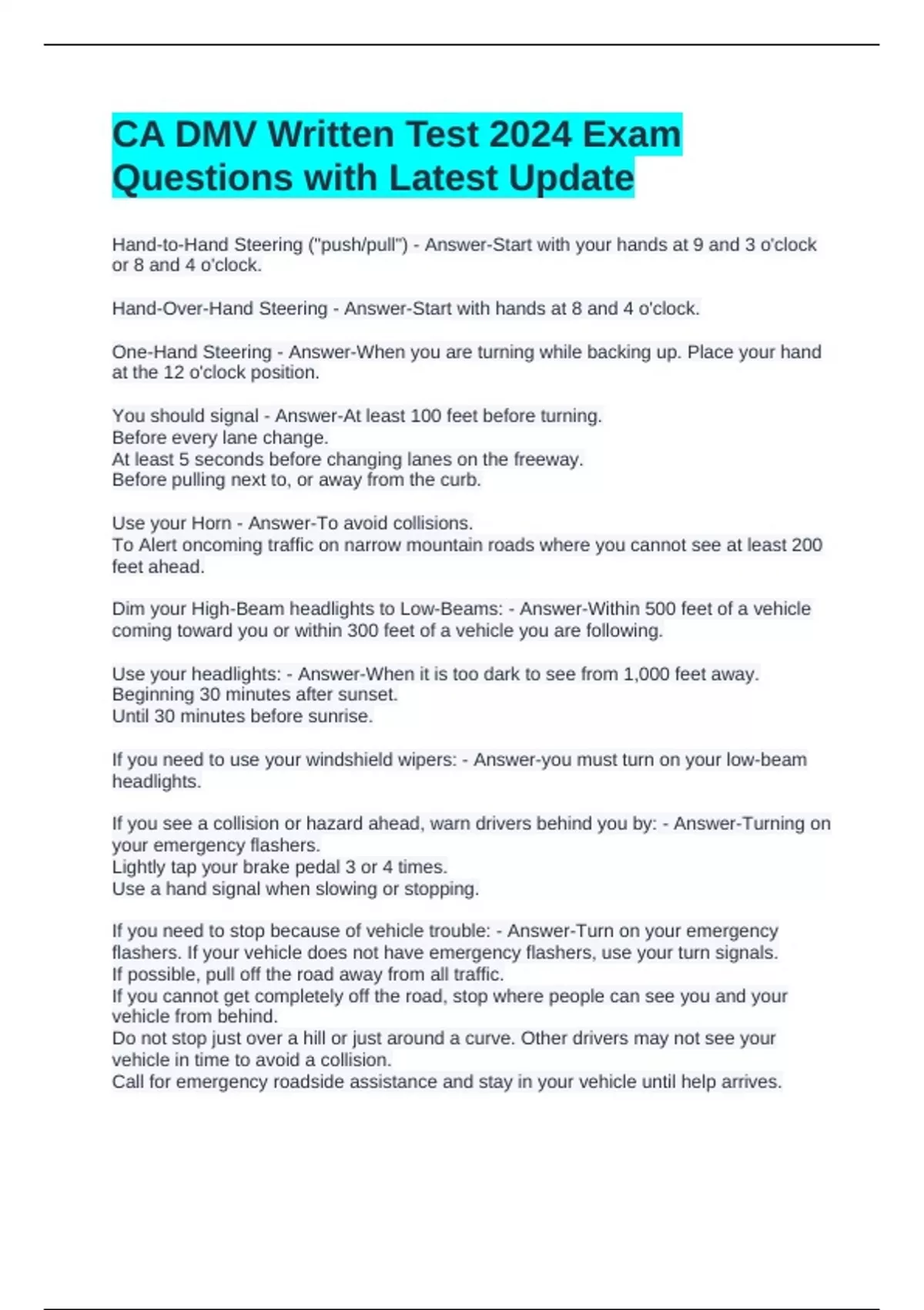 CA DMV Written Test 2024 Exam Questions with Latest Update - California ...