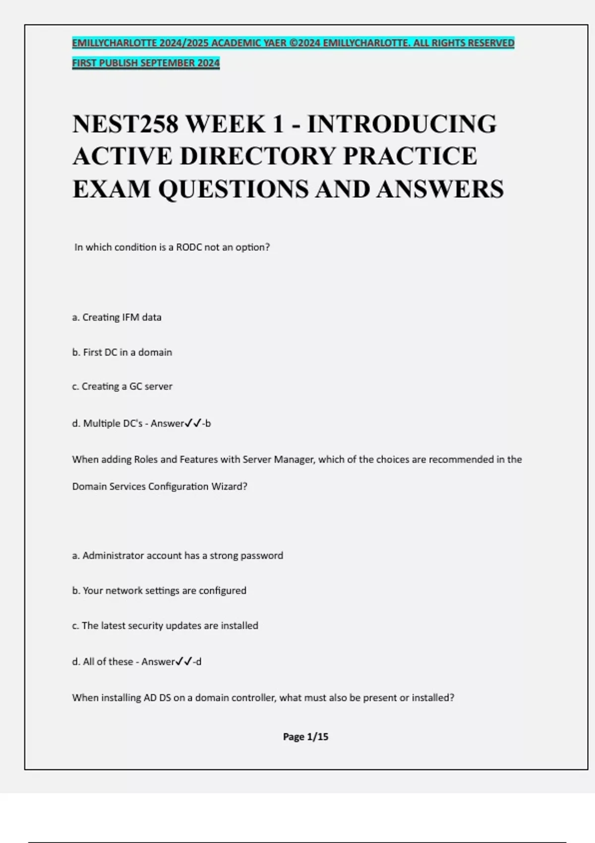 NEST258 WEEK 1 - INTRODUCING ACTIVE DIRECTORY PRACTICE EXAM QUESTIONS ...