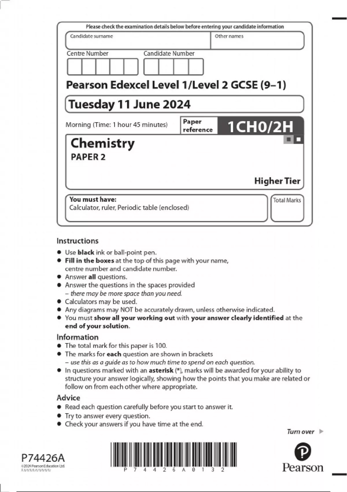 GCSE EDEXCEL June 2024 Higher Triple Science Chemistry Paper 2 ...