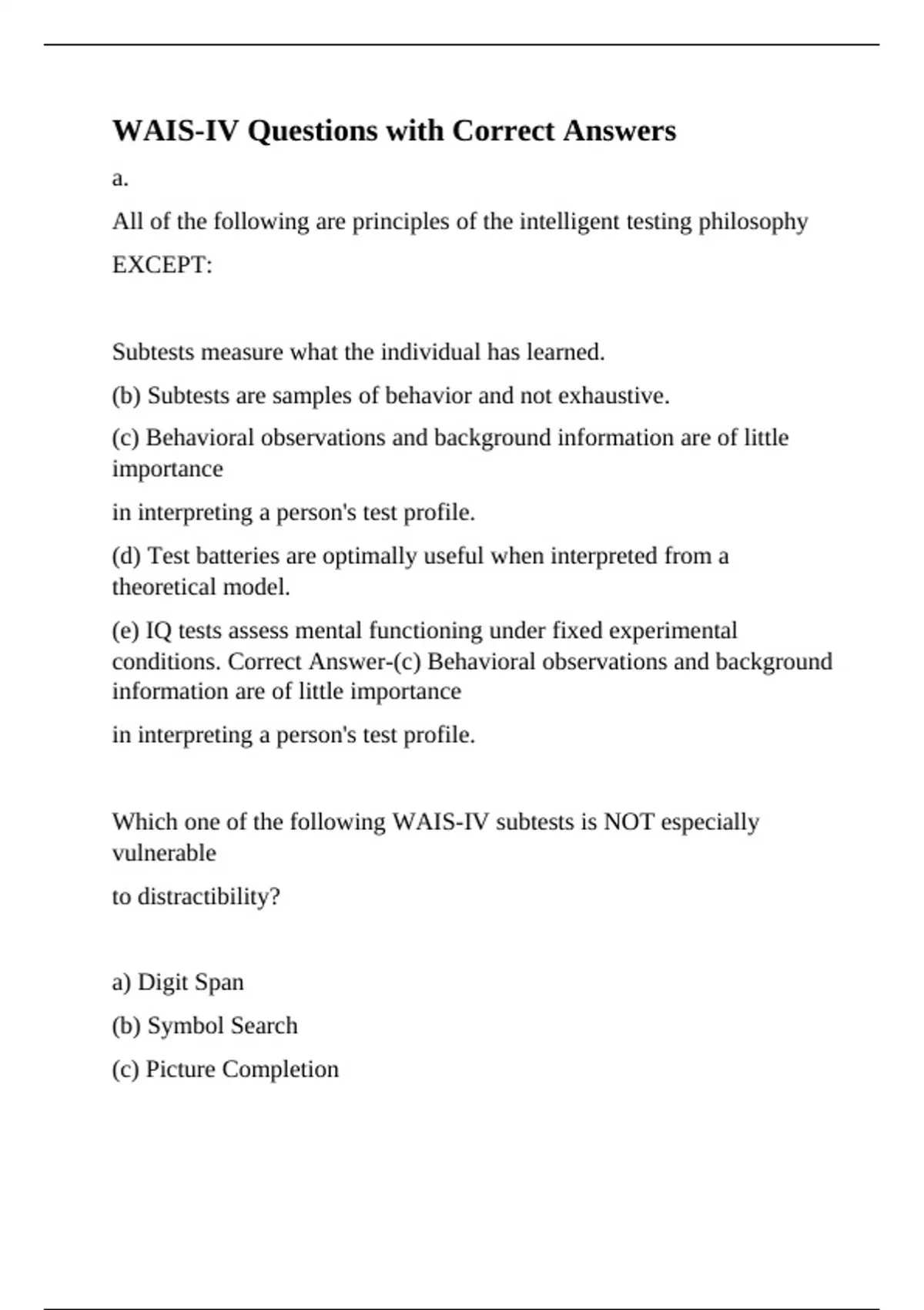 WAIS-IV Questions with Correct Answers - WAIS - Stuvia UK