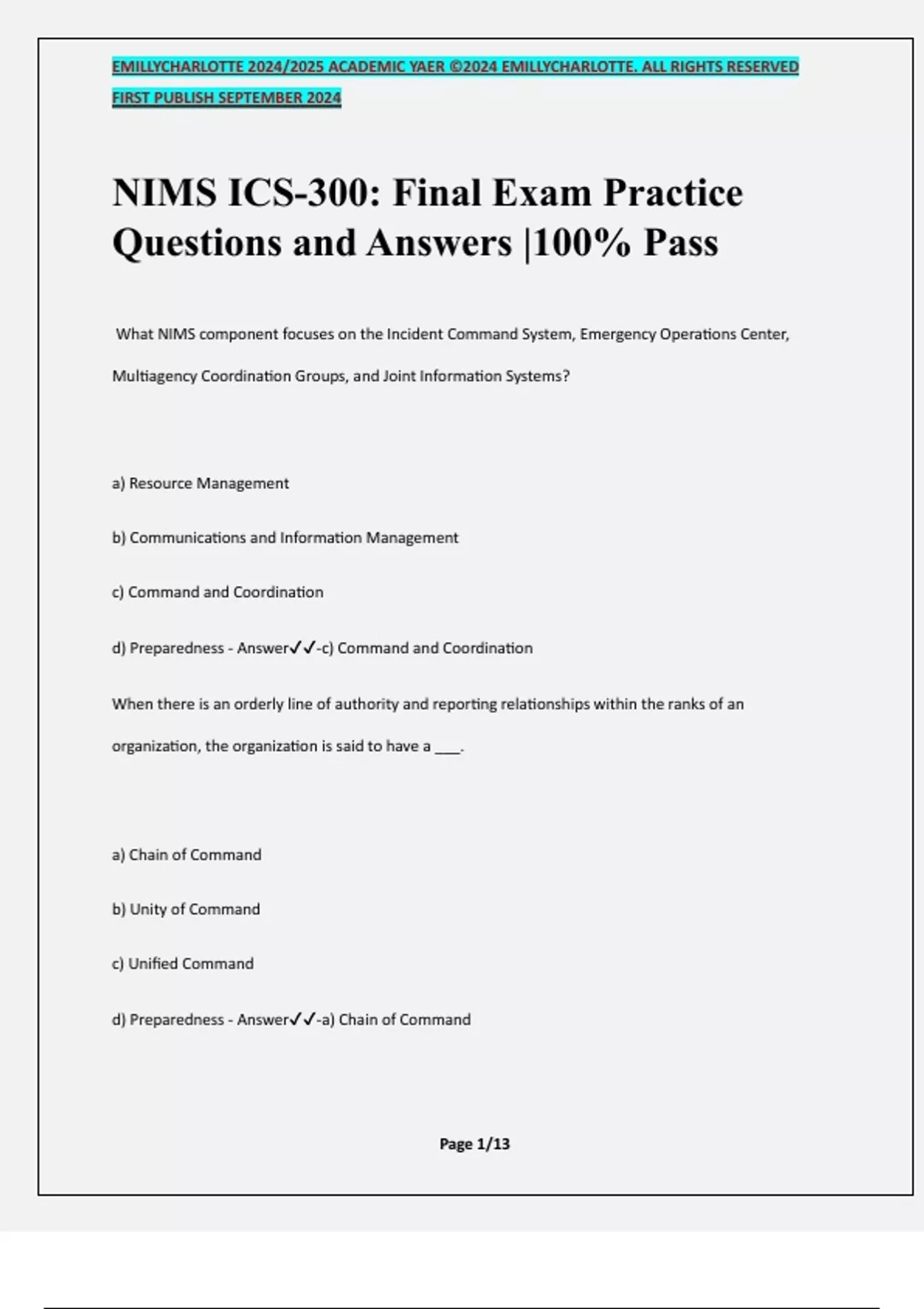 NIMS ICS-300: Final Exam Practice Questions and Answers |100% Pass ...