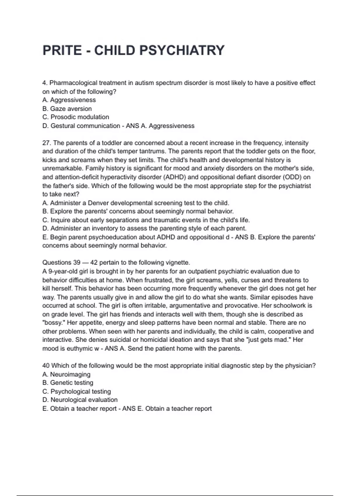 PRITE - CHILD PSYCHIATRY EXAM 2024/2025 QUESTIONS WITH COMPLETED ...