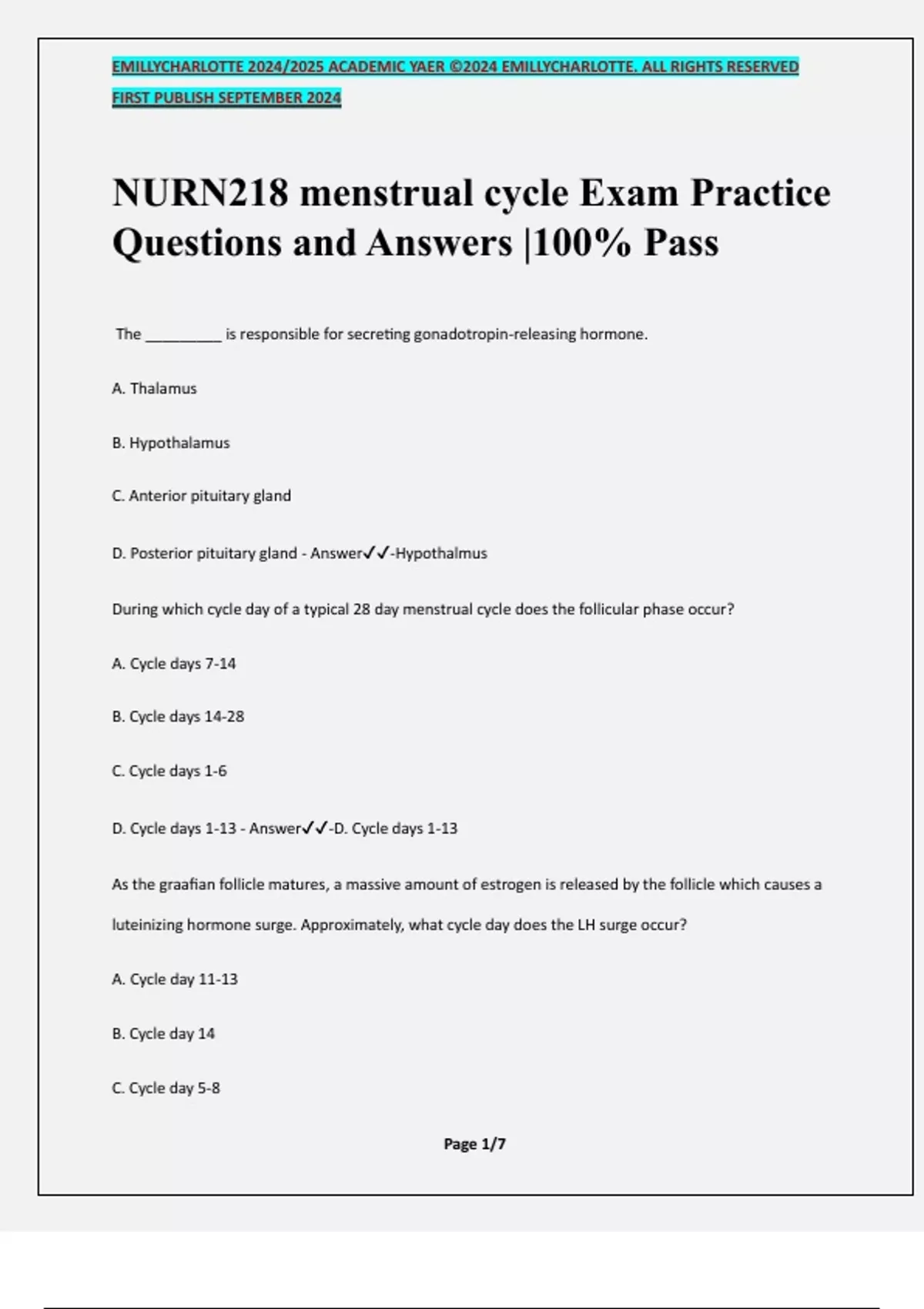 NURN218 menstrual cycle Exam Practice Questions and Answers |100% Pass ...
