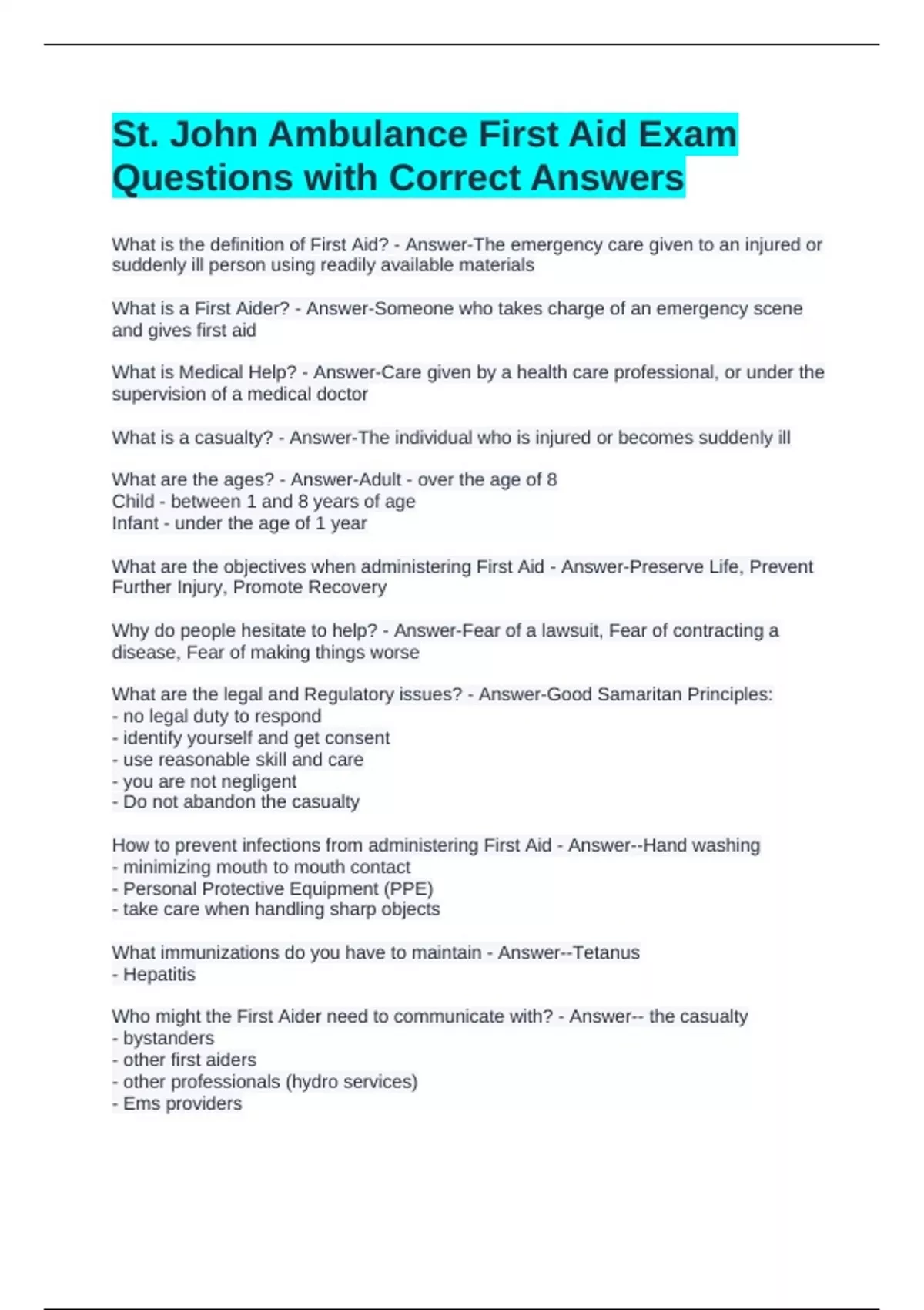 St. John Ambulance First Aid Exam Questions with Correct Answers - California Ambulance Driver ...