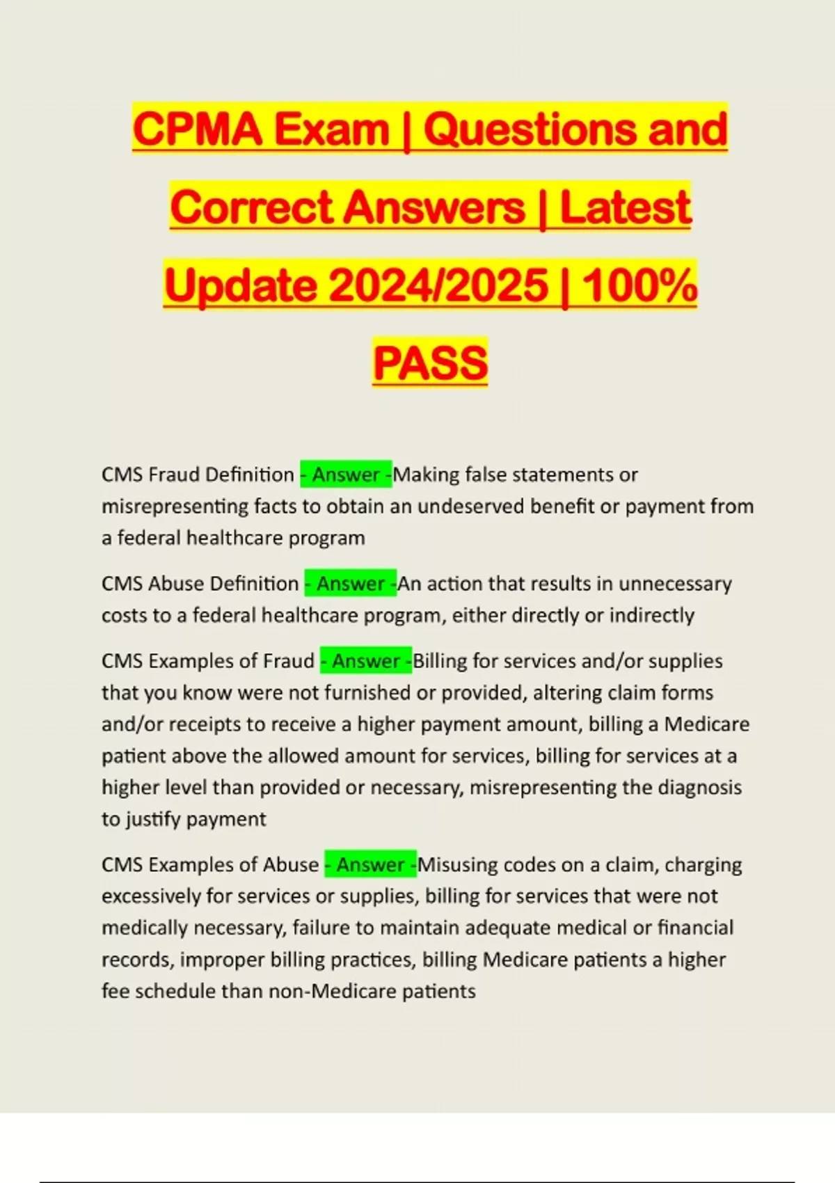 CPMA Exam | Questions and Correct Answers | Latest Update 2024/2025 ...