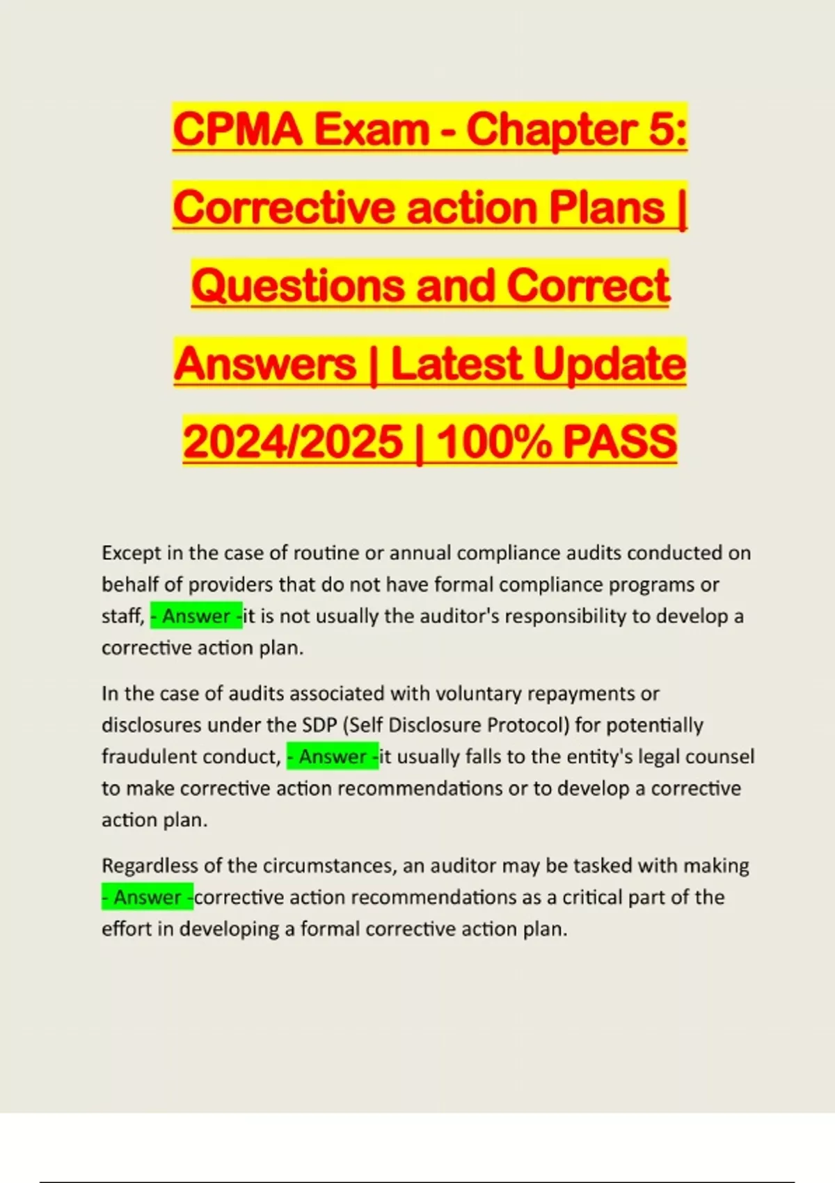 CPMA Exam - Chapter 5: Corrective action Plans | Questions and Correct ...
