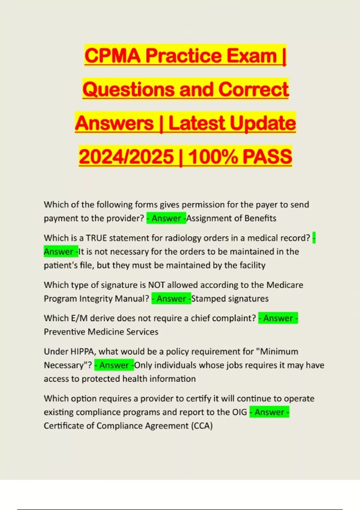 CPMA Practice Exam | Questions and Correct Answers | Latest Update 2024 ...