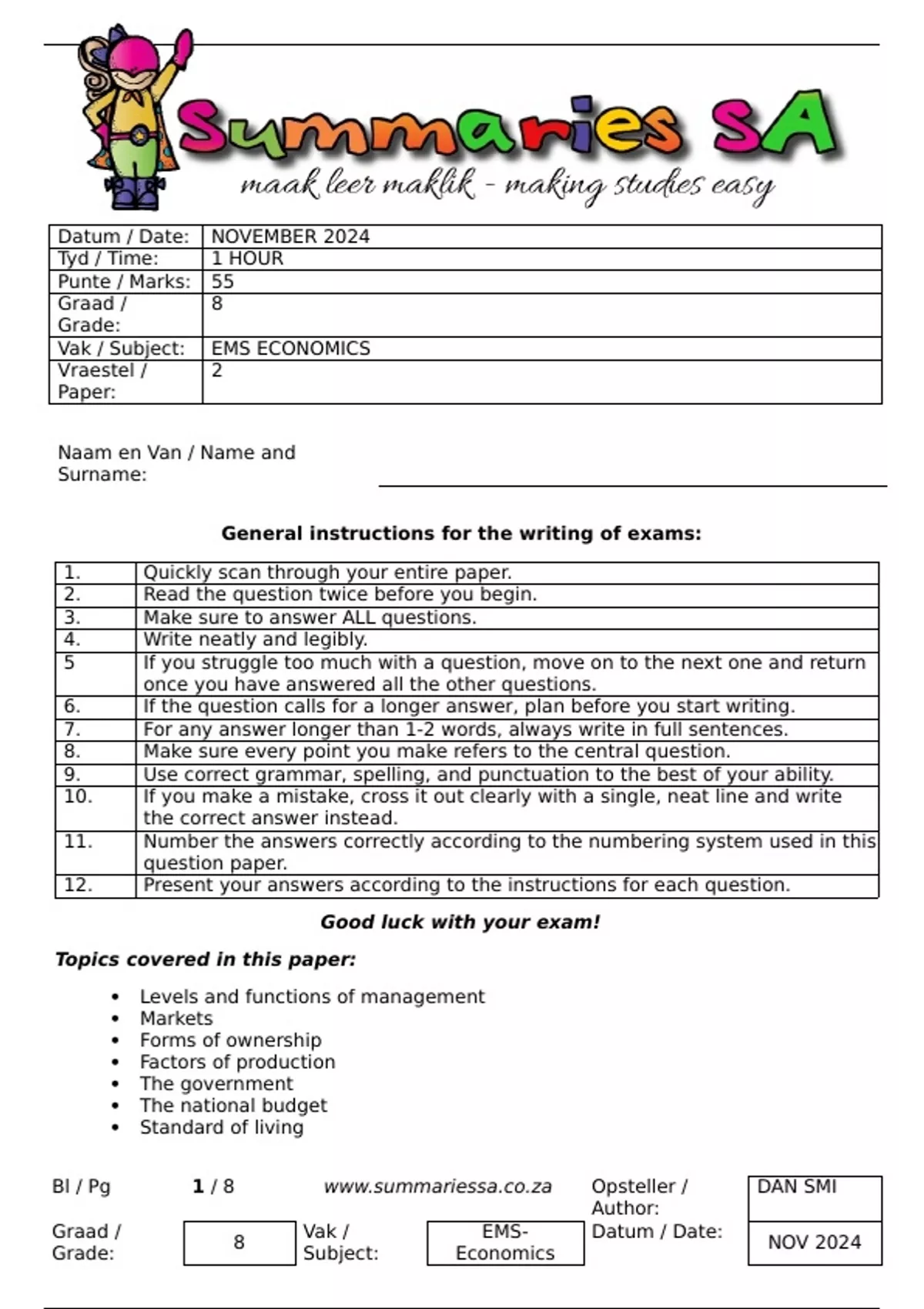 Grade 8 Economic and Management Sciences (EMS) (Economics) November ...