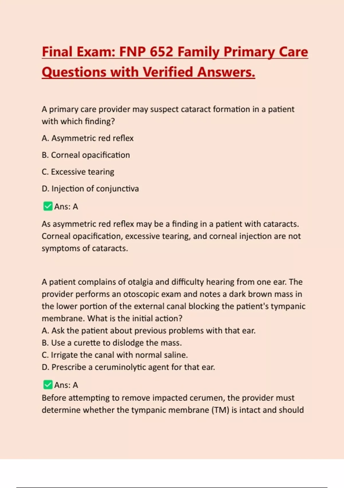 Final Exam: FNP 652 Family Primary Care Questions with Verified Answers ...