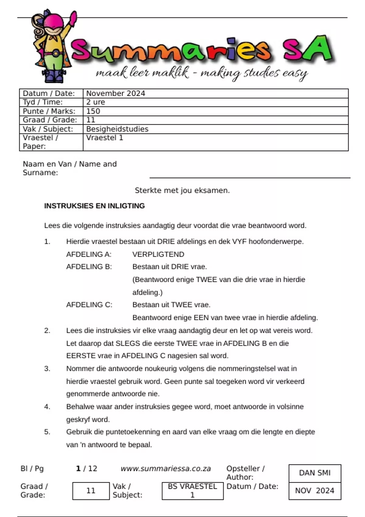 Graad 11 Besigheidstudies (BS) November Vraestel 1 en Memo - 2024 ...