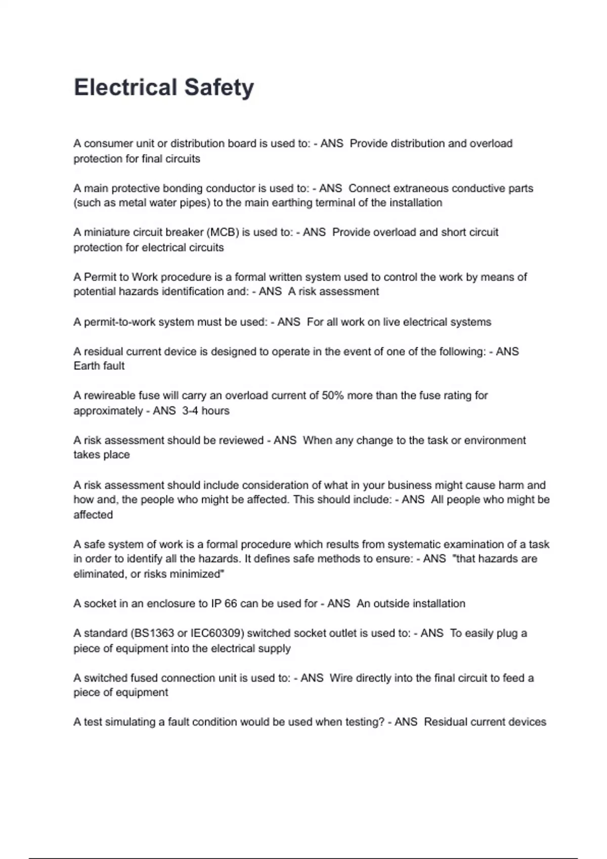 Electrical Safety Exam 2024/2025 Questions With Completed & Verified ...