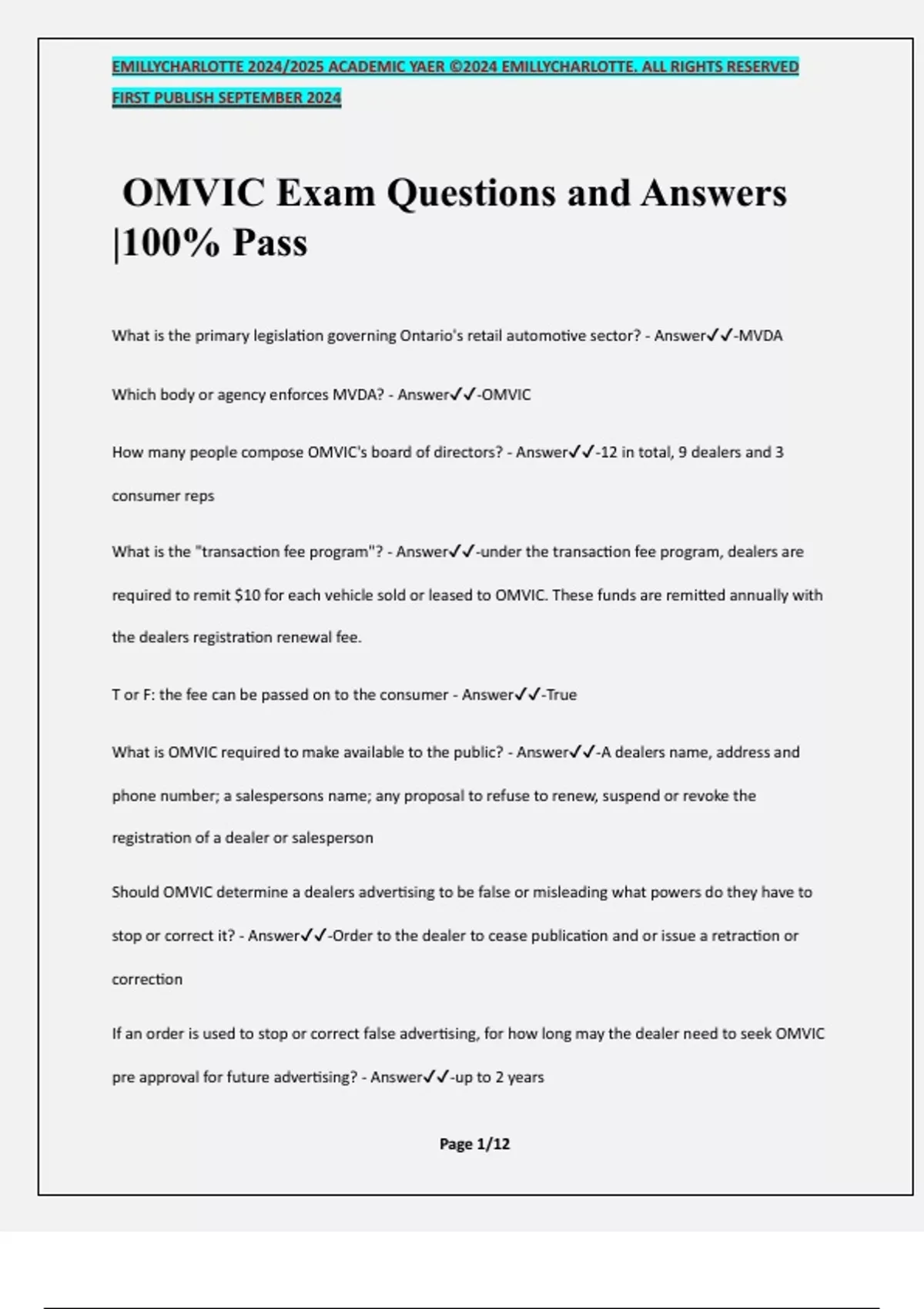 OMVIC Exam Questions and Answers |100% Pass - 2024/2025 - Stuvia US