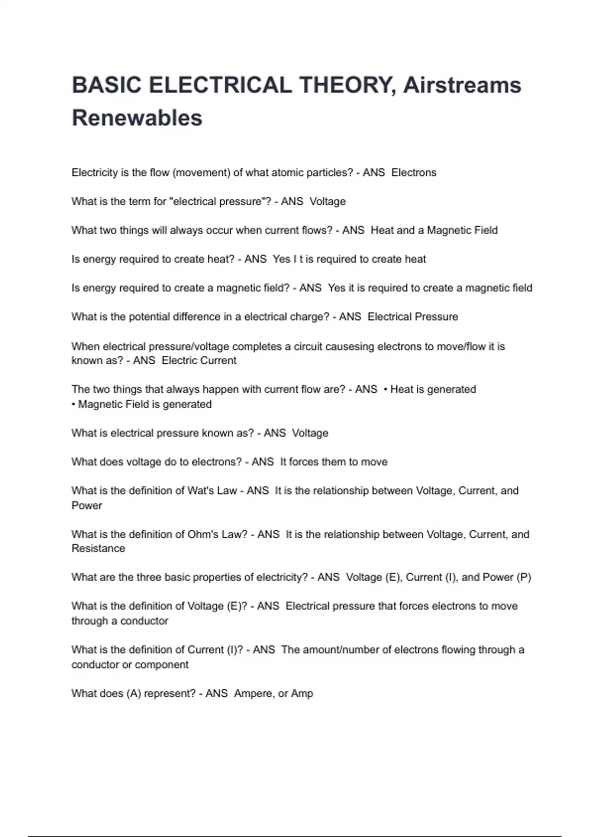 BASIC ELECTRICAL THEORY, Airstreams Renewables Exam 2024/2025 Questions With Completed ...