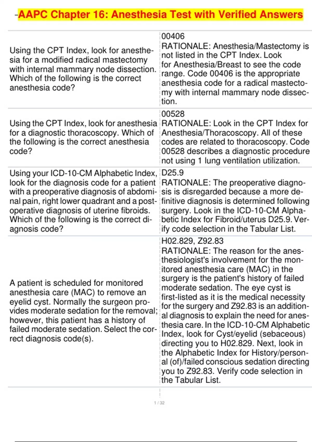 AAPC Chapter 16: Anesthesia Test with Verified Answers - AAPC Chapter ...