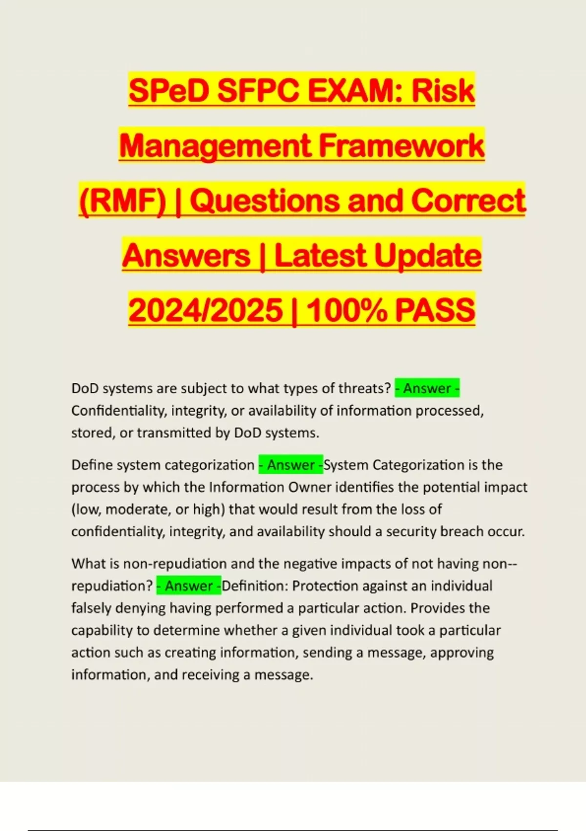 SPeD SFPC EXAM: Risk Management Framework (RMF) | Questions and Correct ...