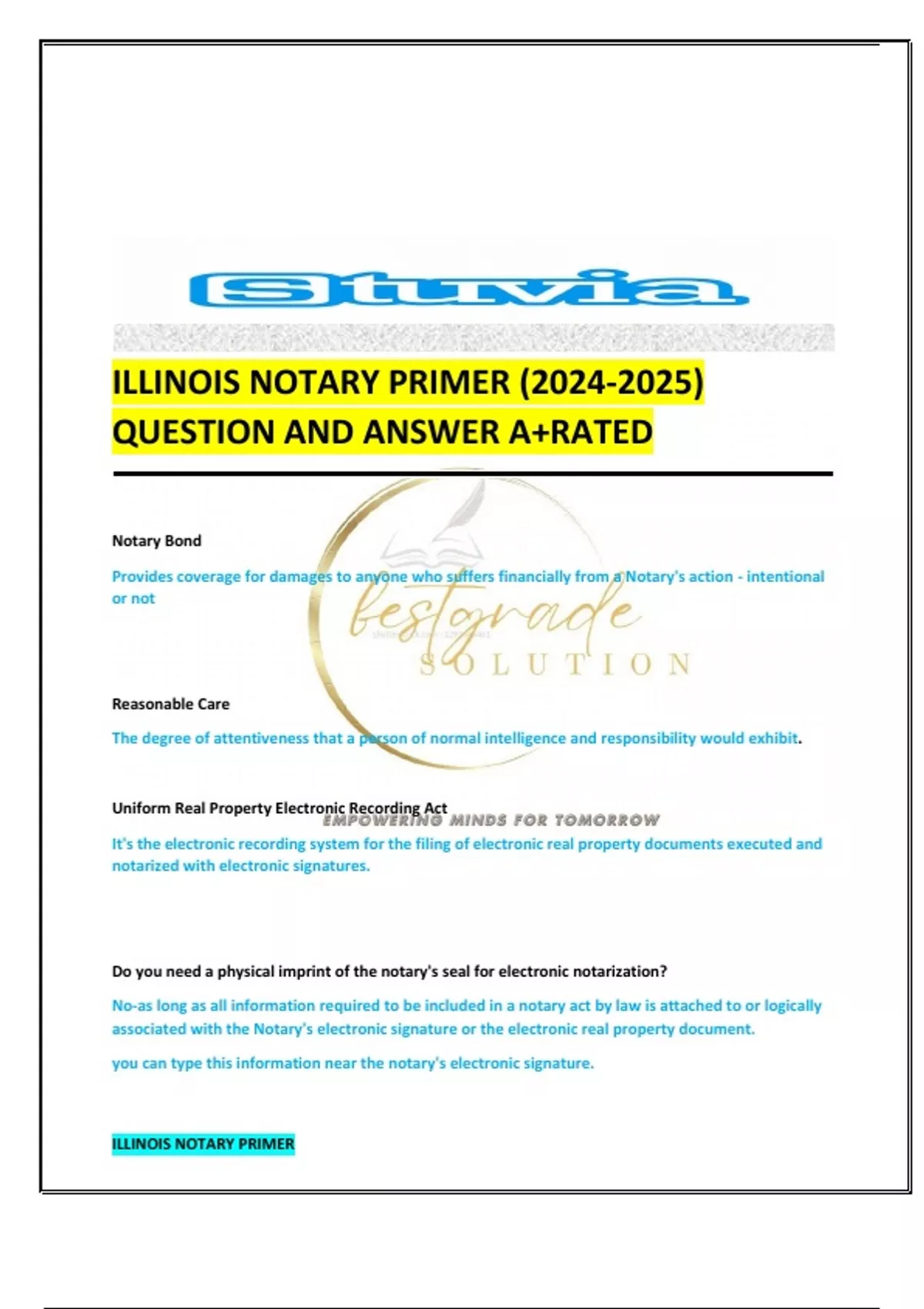 ILLINOIS NOTARY PRIMER () QUESTION AND ANSWER A+RATED - ILLINOIS NOTARY ...