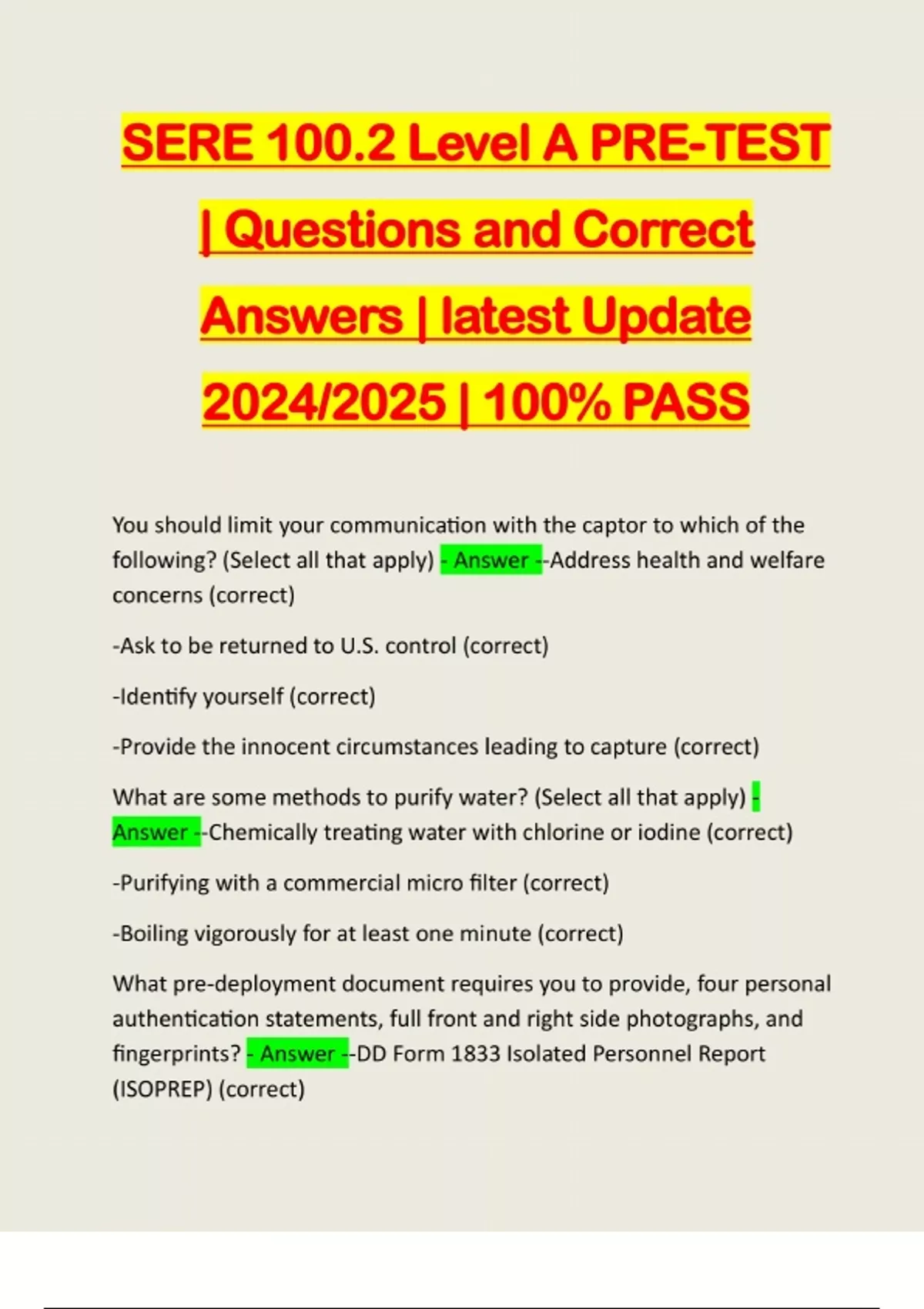 SERE 100.2 Level A PRE-TEST | Questions and Correct Answers | latest ...