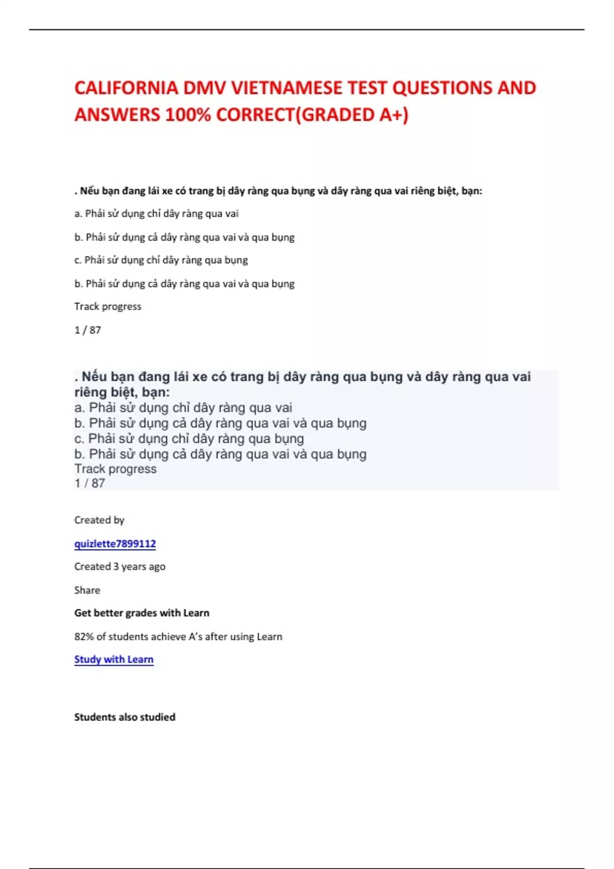 CALIFORNIA DMV VIETNAMESE TEST QUESTIONS AND ANSWERS 100% CORRECT ...