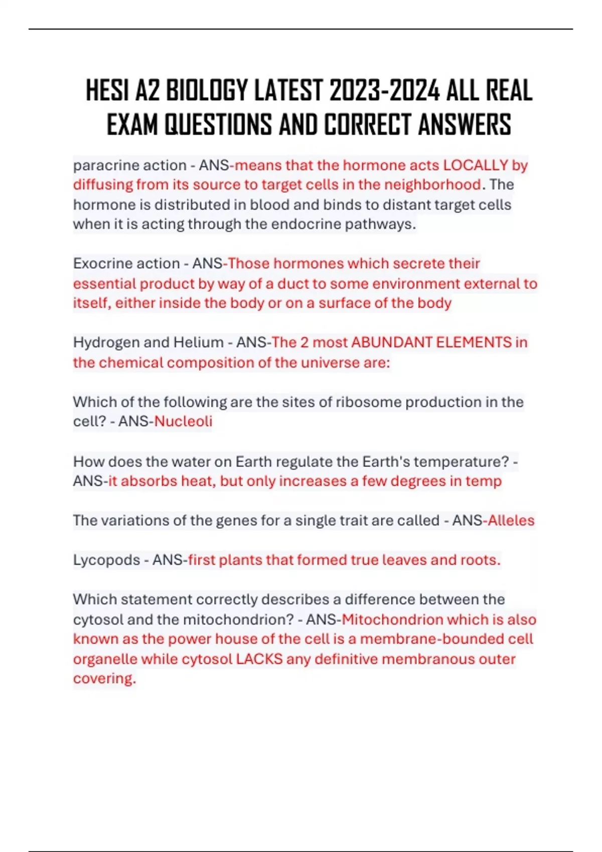 HESI A2 BIOLOGY LATEST ALL REAL EXAM QUESTIONS AND CORRECT ANSWERS ...