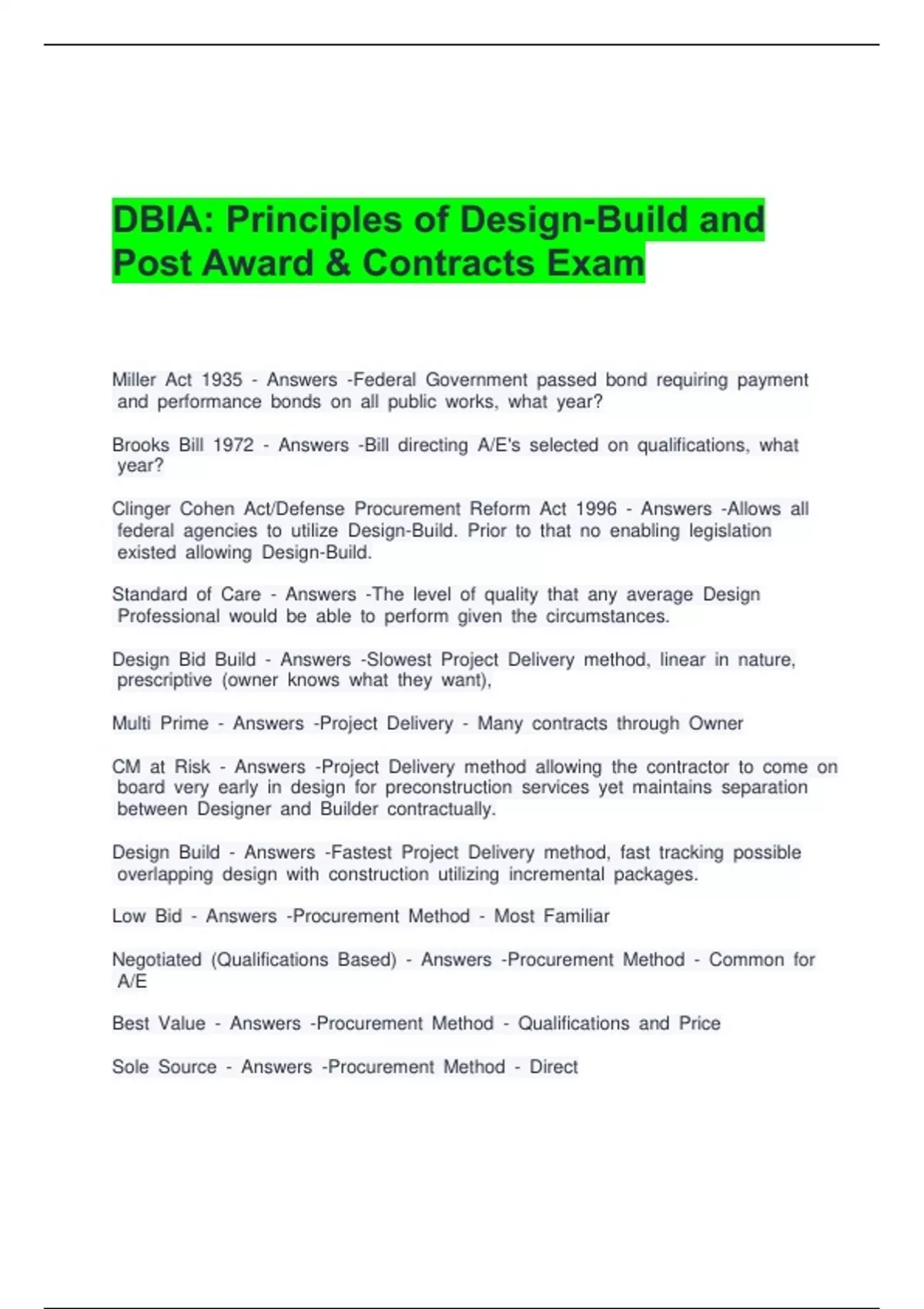 DBIA Principles of Design-Build and Post Award & Contracts Exam Questions and Answers - DBIA ...