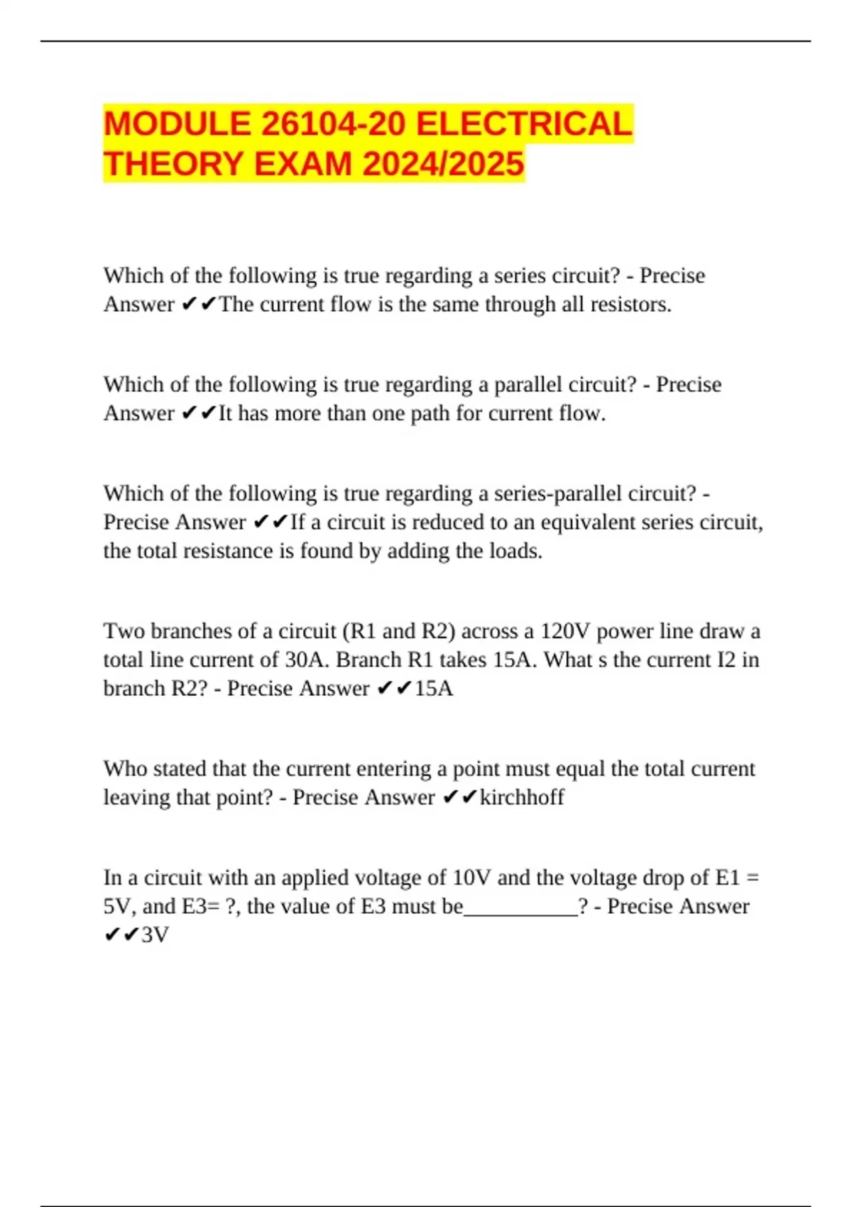 MODULE 26104-20 ELECTRICAL THEORY EXAM 2024/2025 - ELECTRICAL THEORY ...