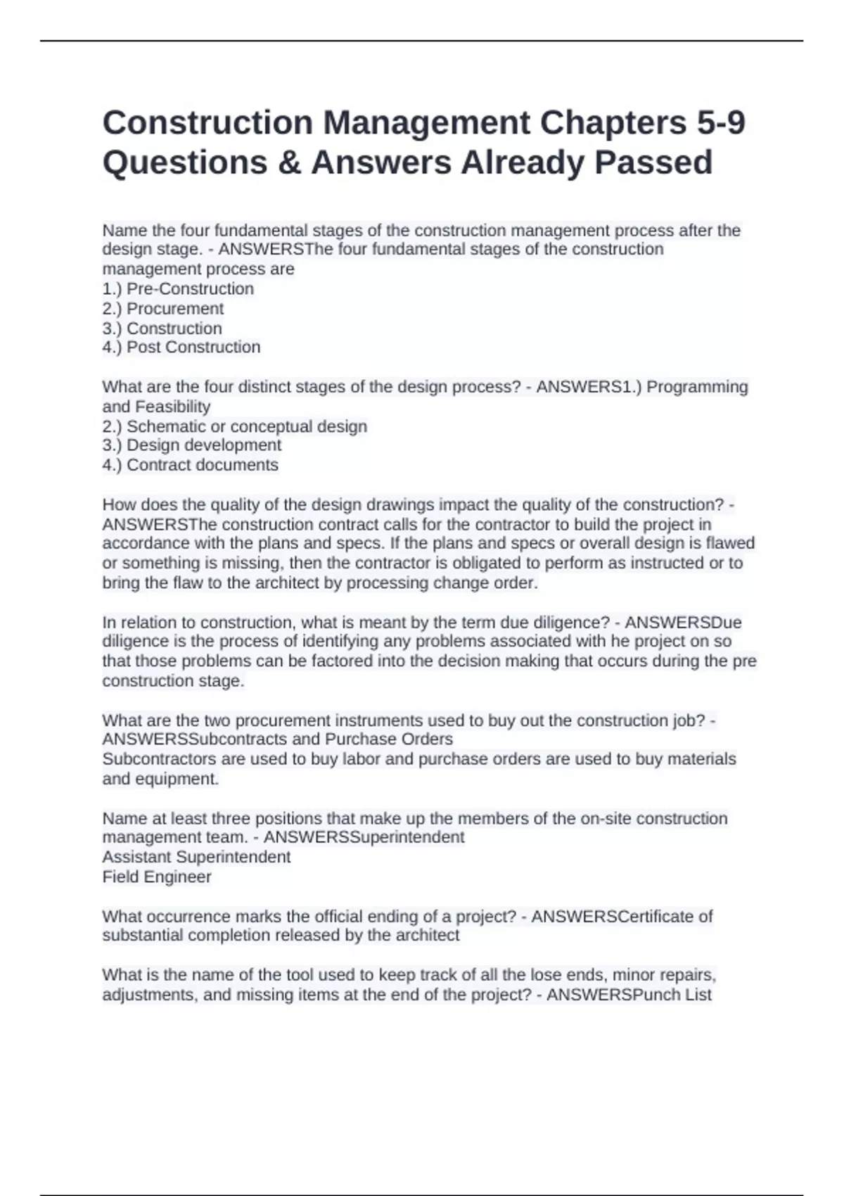 Construction Management Chapters 5-9 Questions & Answers Already Passed ...