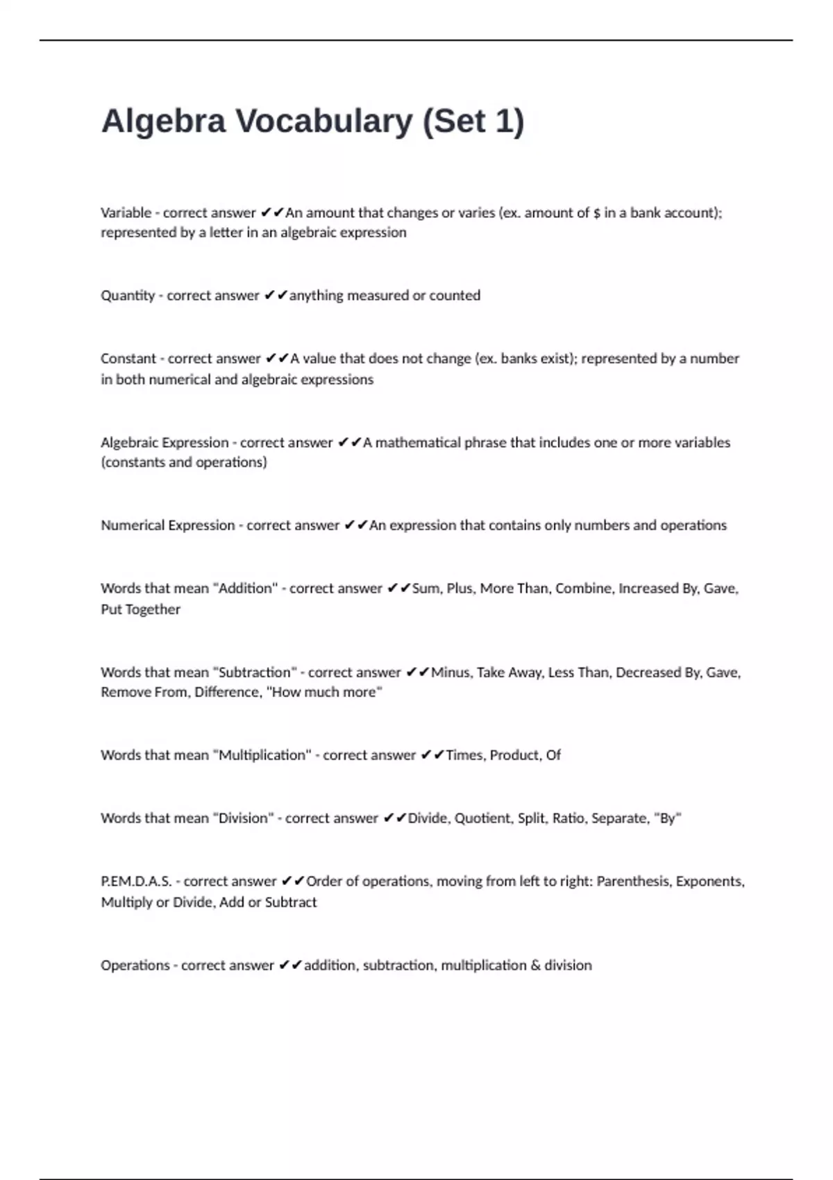 Algebra Vocabulary (Set 1) questions with correct answered - Algebra ...