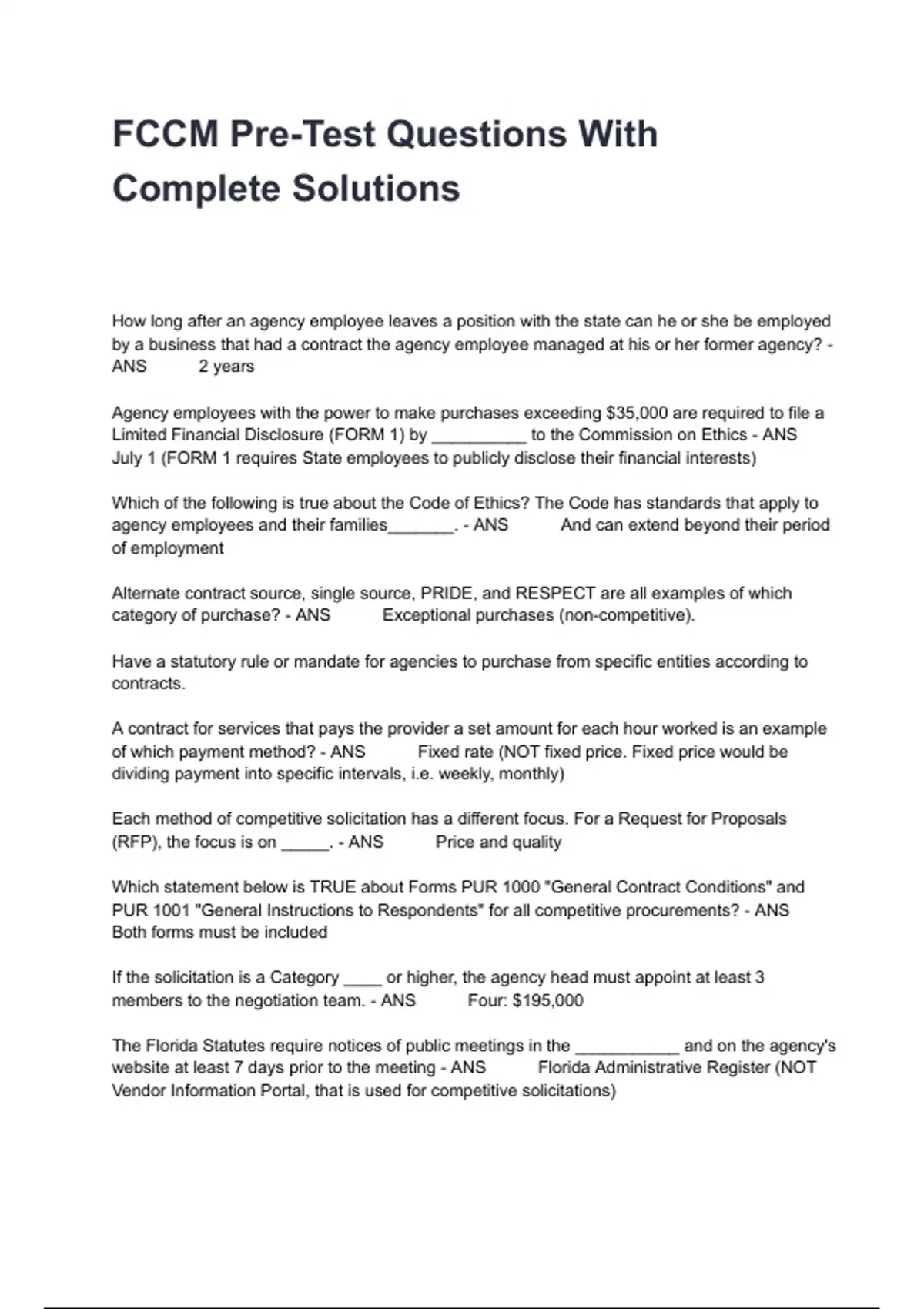 Fccm Pre Test Questions With Complete Solutions Fccm Stuvia Us