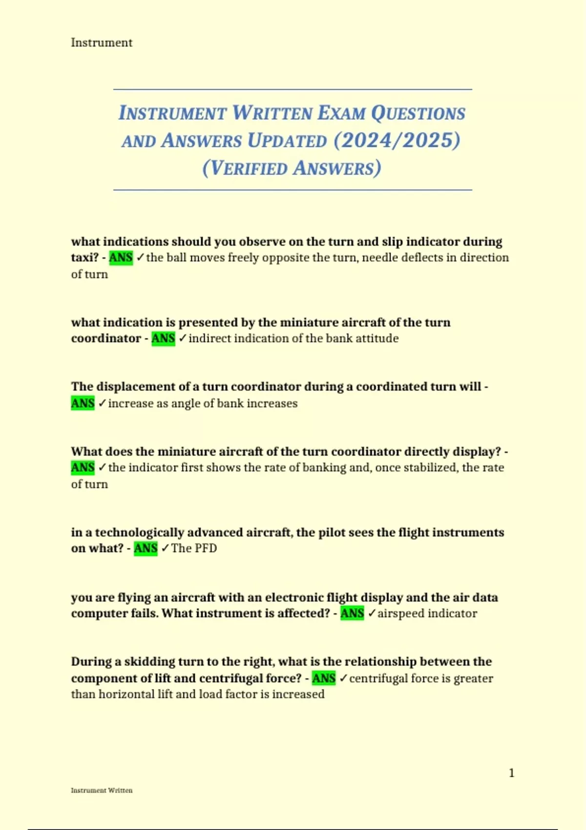 INSTRUMENT WRITTEN EXAM QUESTIONS AND ANSWERS UPDATED (2024/2025 ...