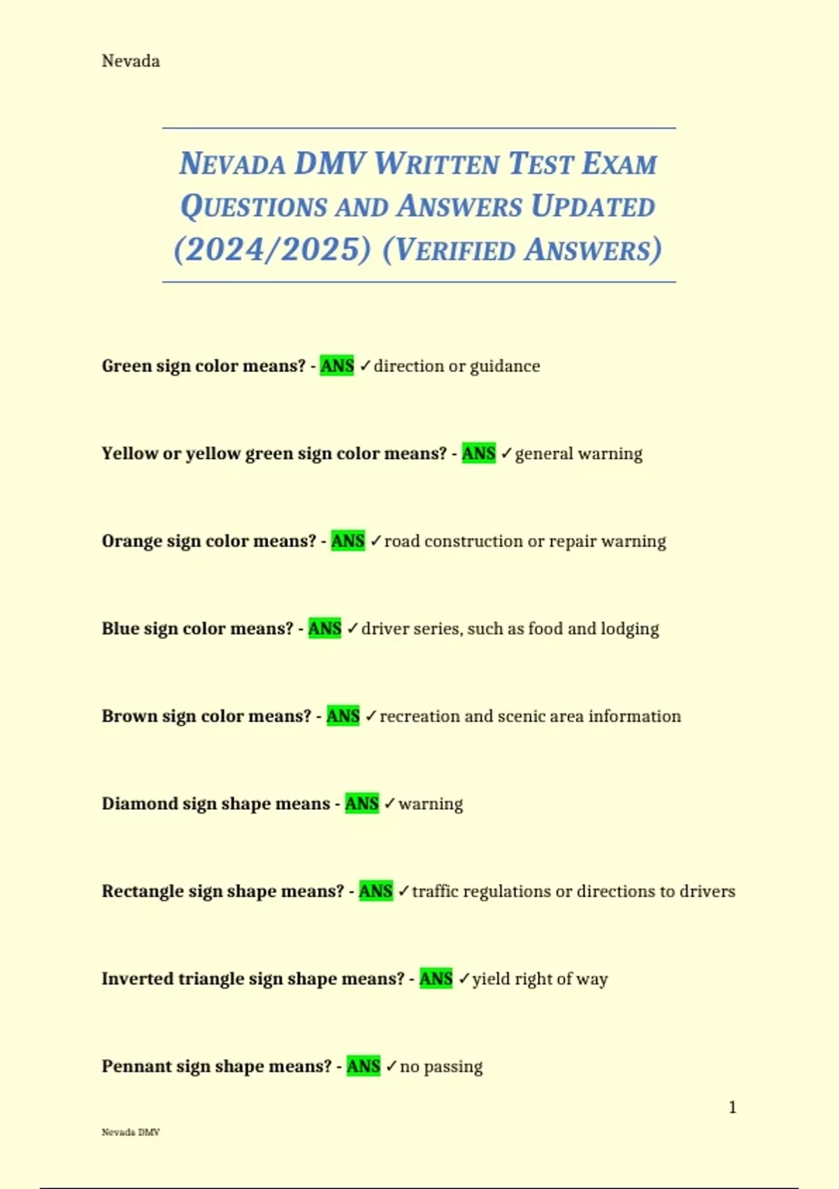 NEVADA DMV WRITTEN TEST EXAM QUESTIONS AND ANSWERS UPDATED (2024/2025 ...
