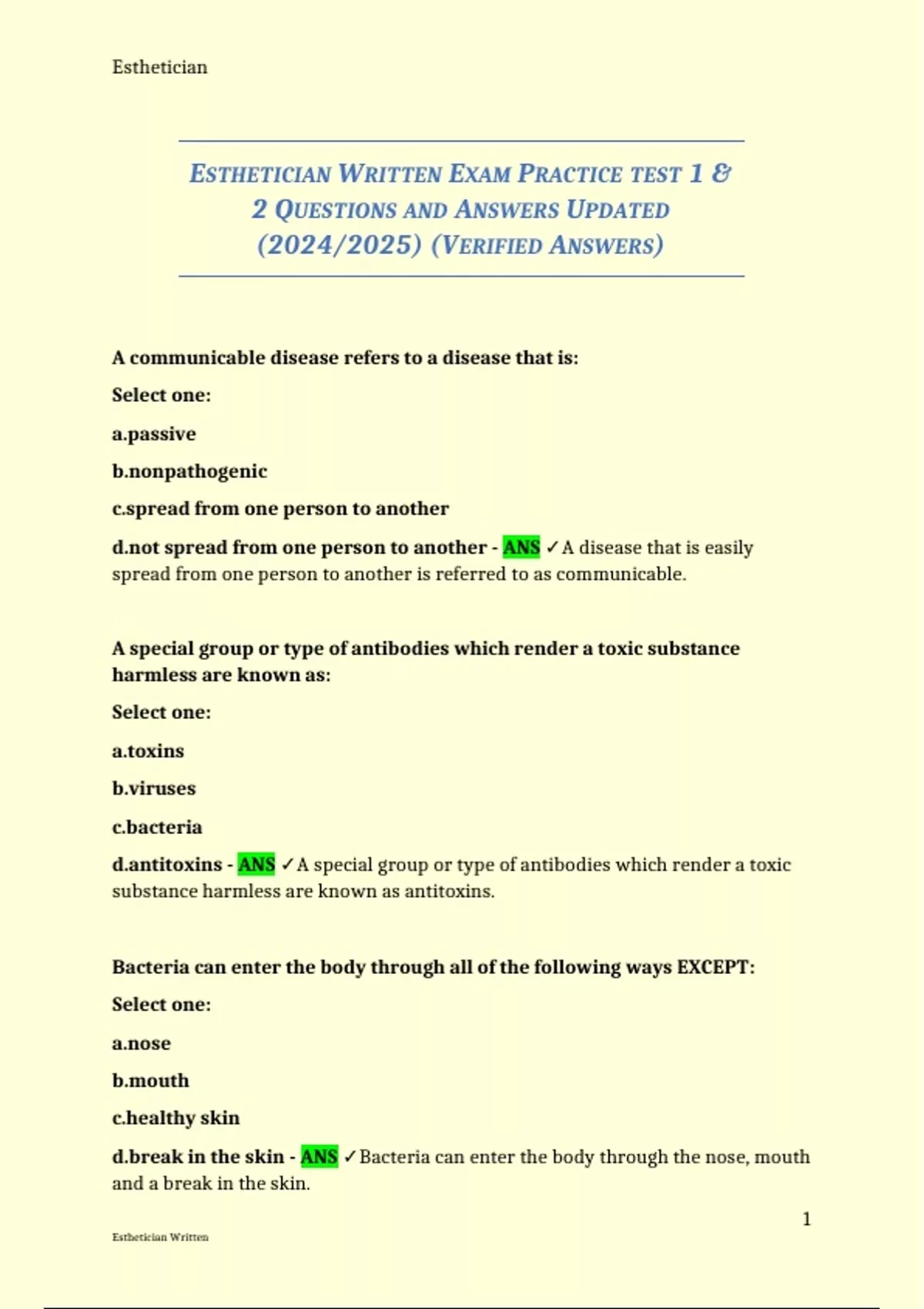 ESTHETICIAN WRITTEN EXAM PRACTICE TEST 1 & 2 QUESTIONS AND ANSWERS ...