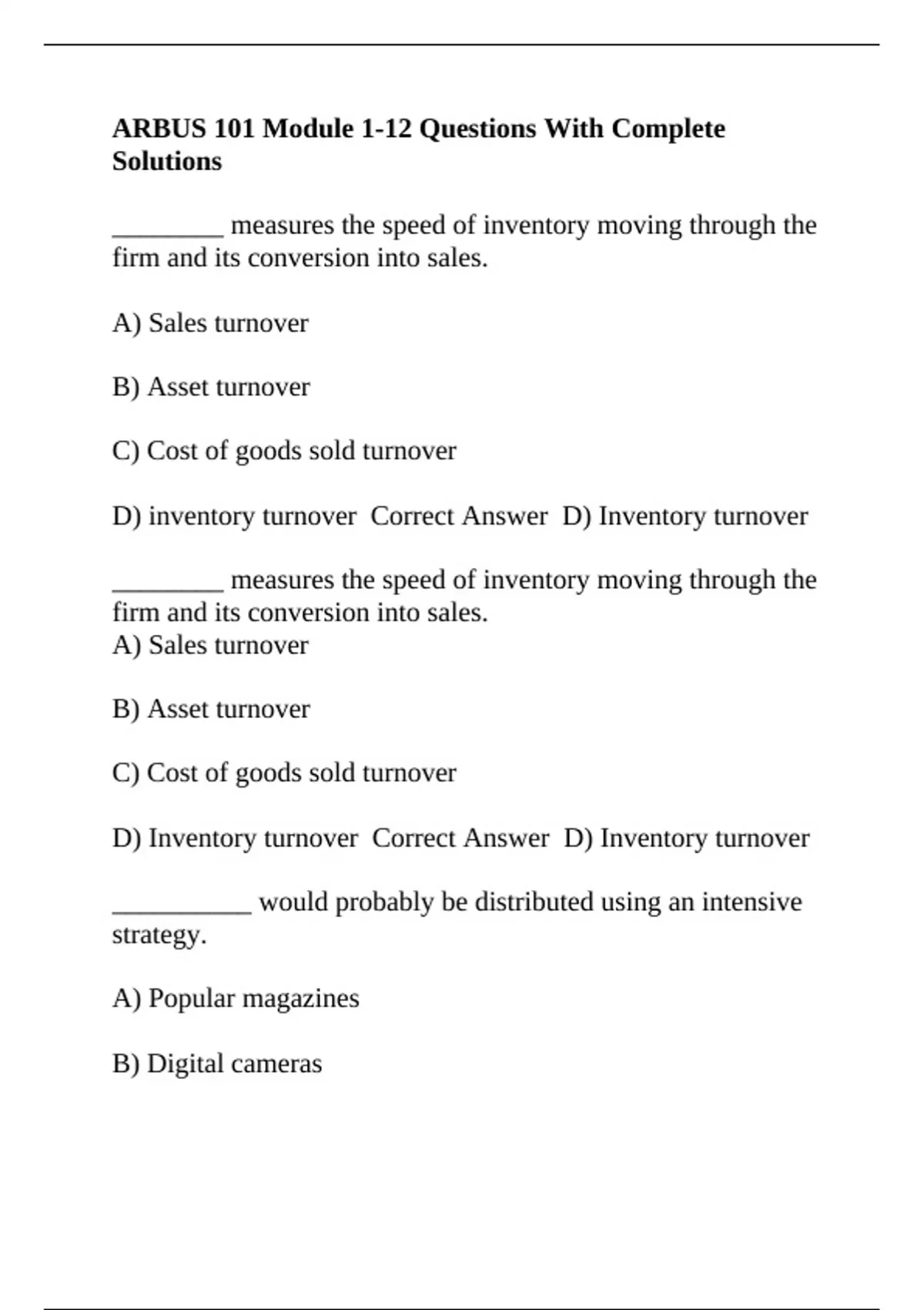ARBUS 101 Module 1-12 Questions With Complete Solutions - ARBUS 101 - Stuvia US