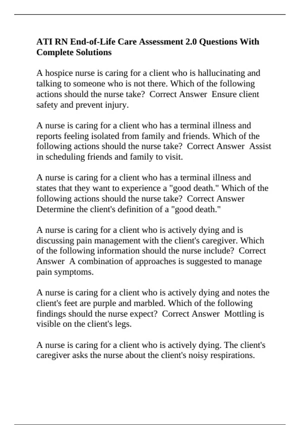 ATI RN End-of-Life Care Assessment 2.0 Questions With Complete ...