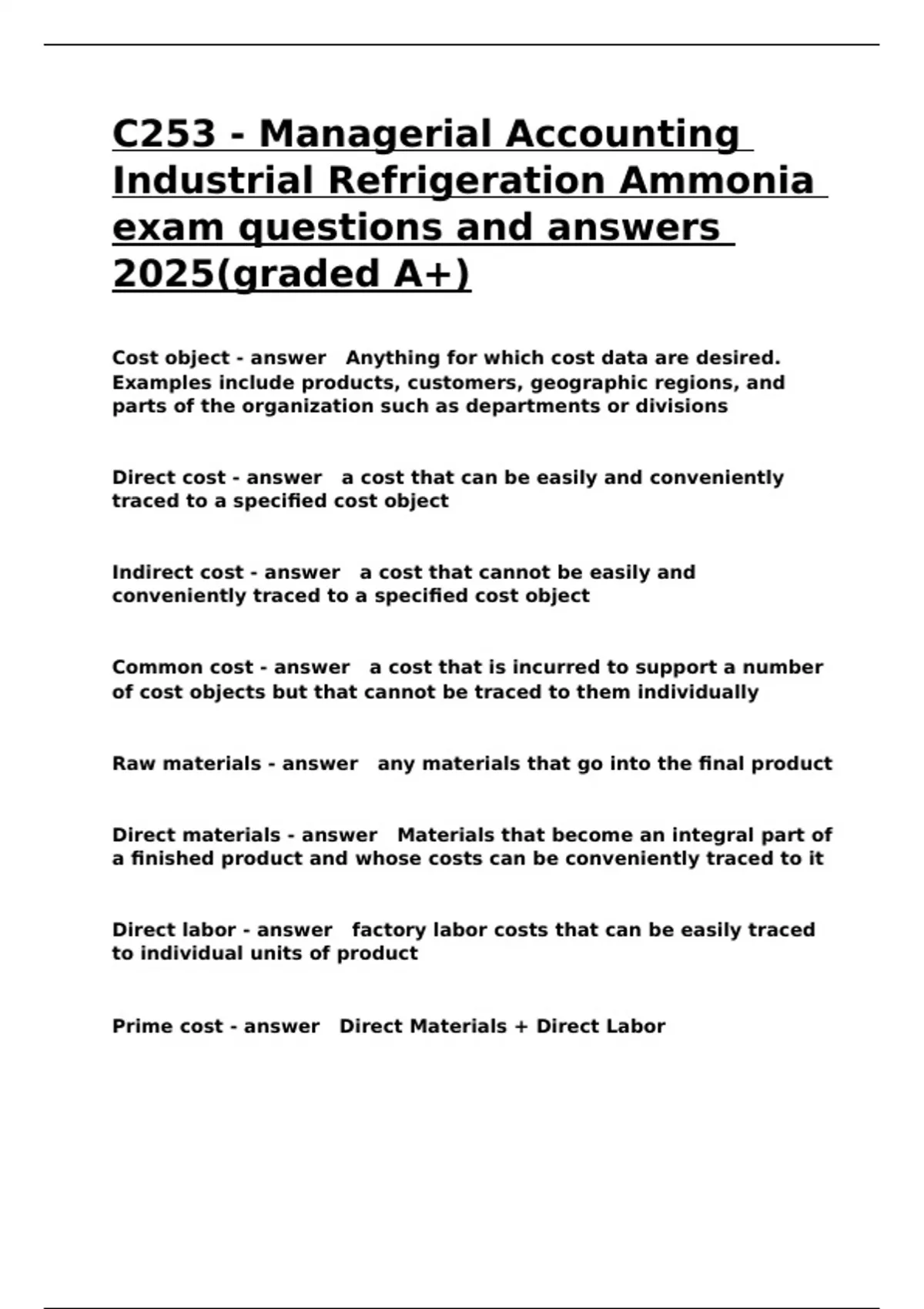 C253 - Managerial Accounting Industrial Refrigeration Ammonia exam questions and answers 2025 ...
