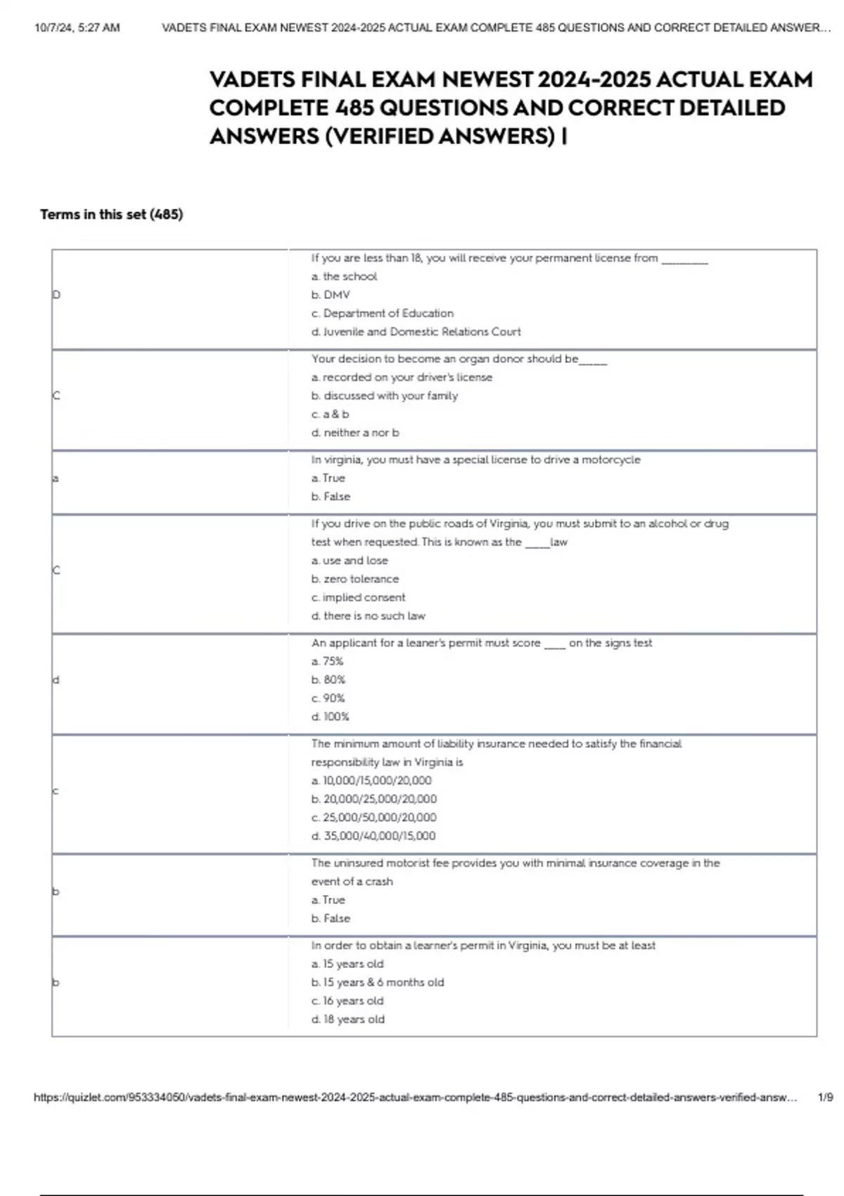 VADETS FINAL EXAM NEWEST ACTUAL EXAM COMPLETE 485 QUESTIONS AND CORRECT ...